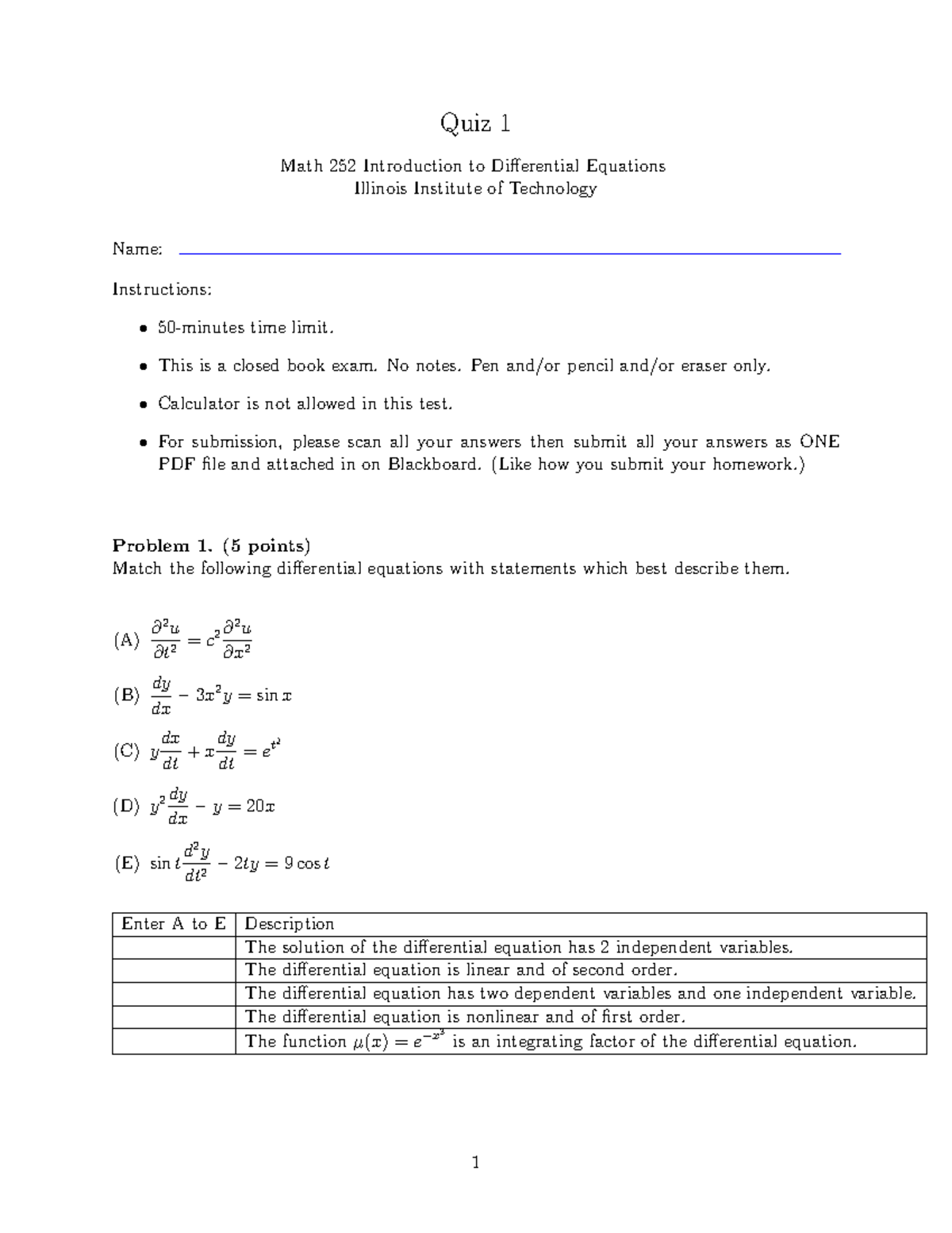 MATH 252 Quiz 1 V2 - scsc - Quiz 1 Math 252 Introduction to Differential Equations Illinois ...