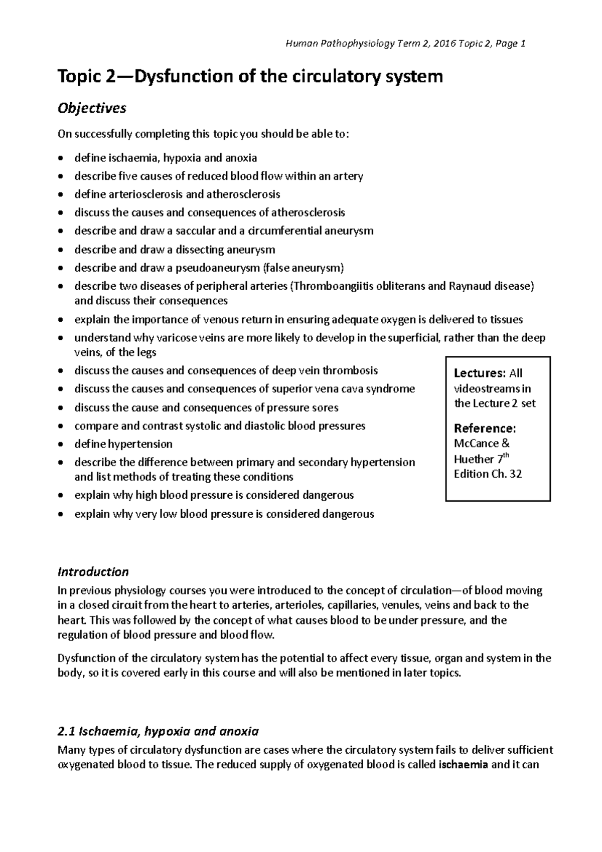 Topic 2 Circulation - study notes - Human Pathophysiology Term 2, 2016 ...