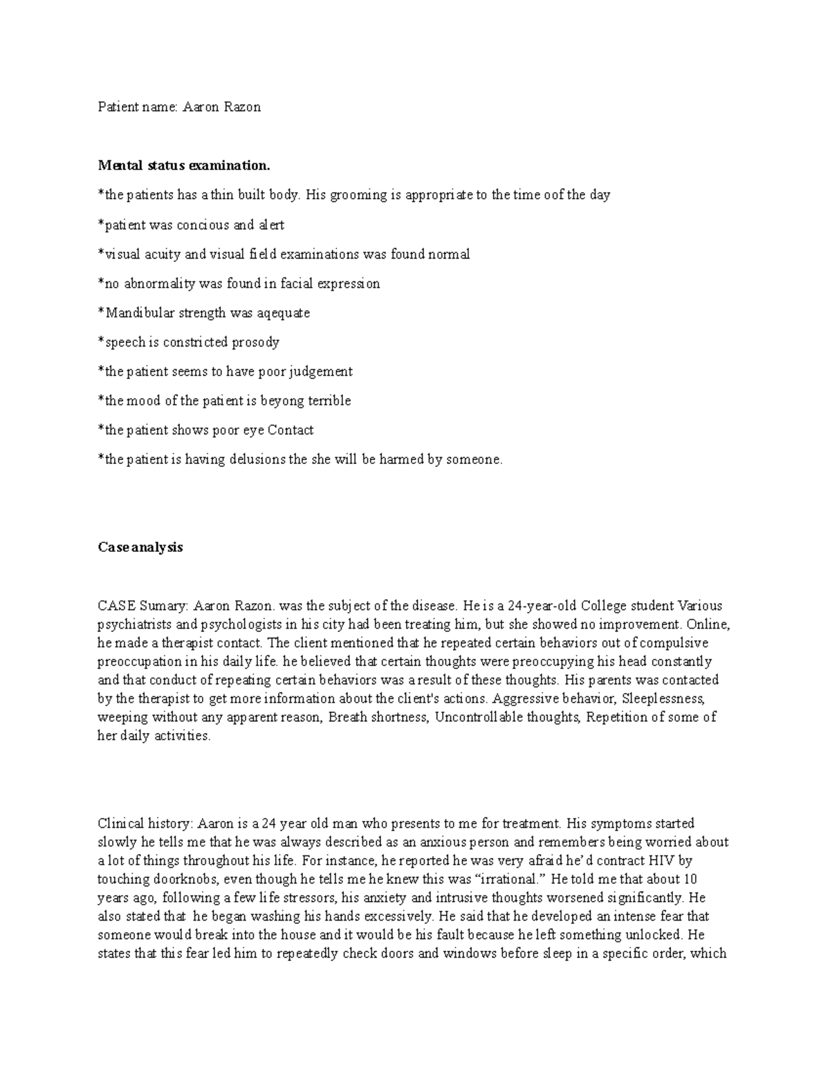 AB psych final requirement part 2 - Patient name: Aaron Razon Mental ...