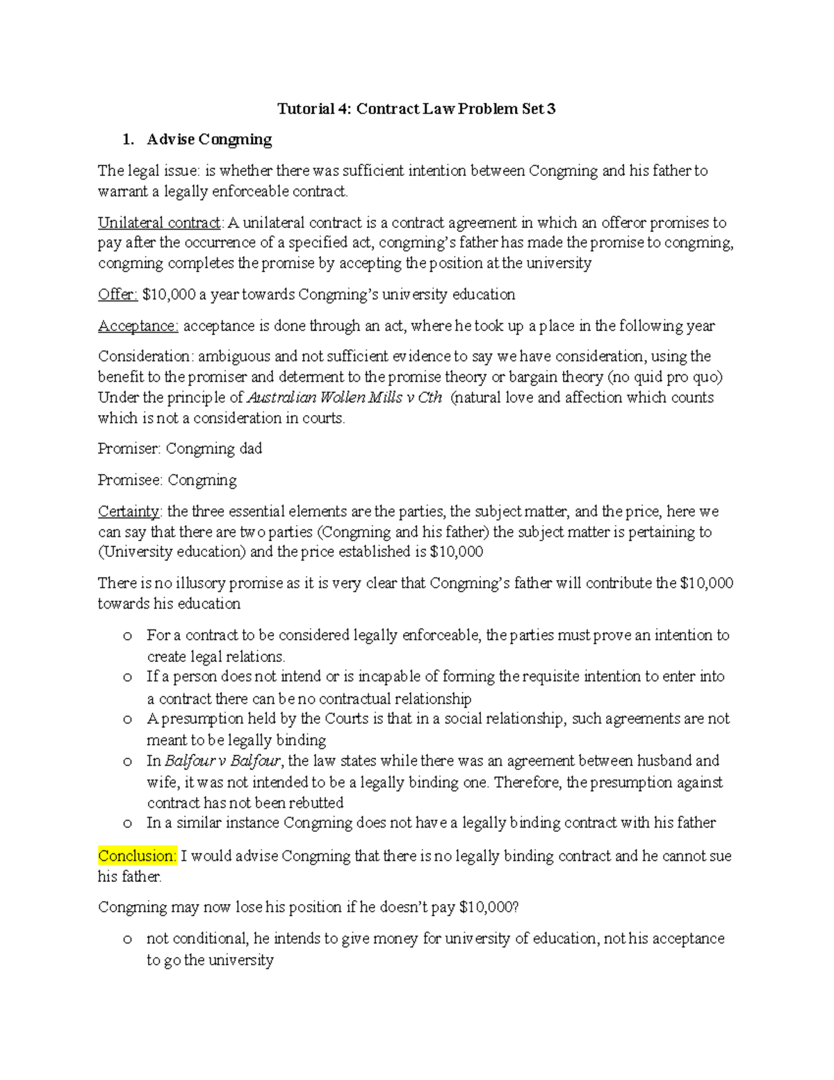 Tutorial 4 Contract Problem Set 3 - Tutorial 4: Contract Law Problem ...