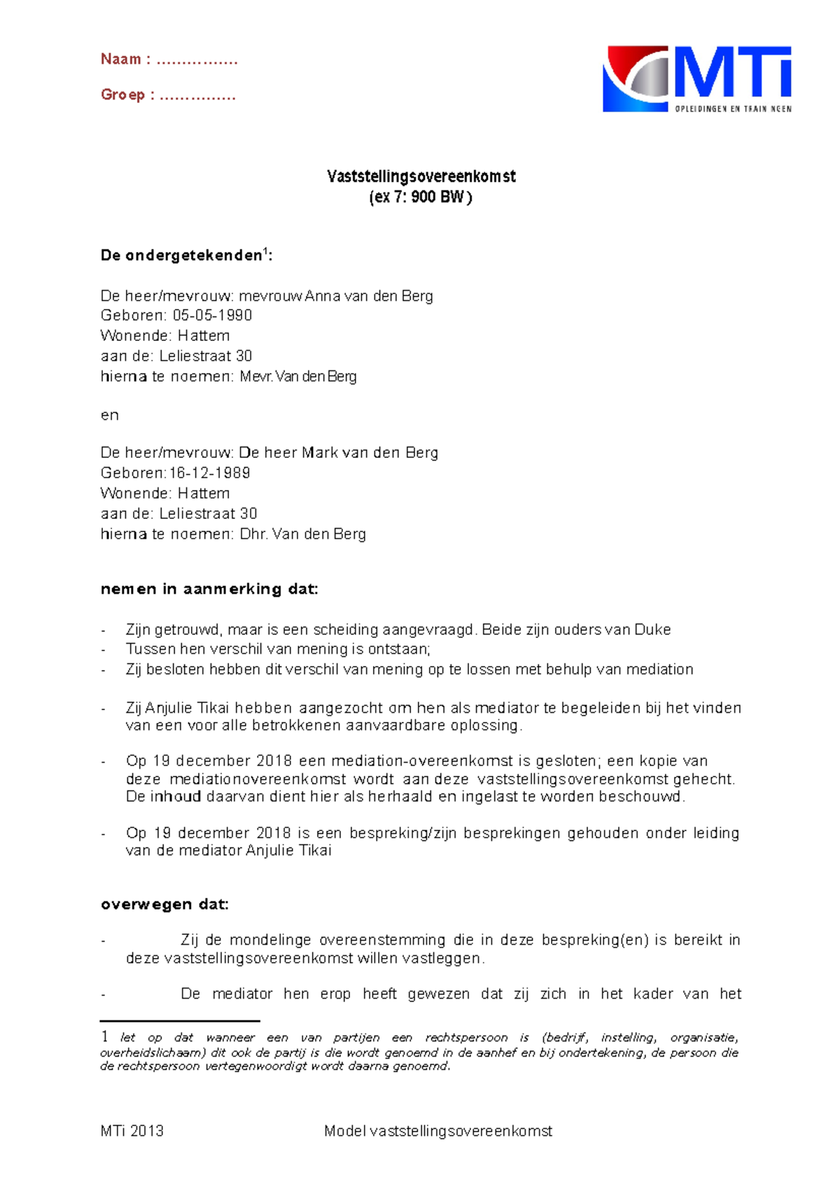 Model-Vaststellingsovereenkomst-convenant - Naam ...