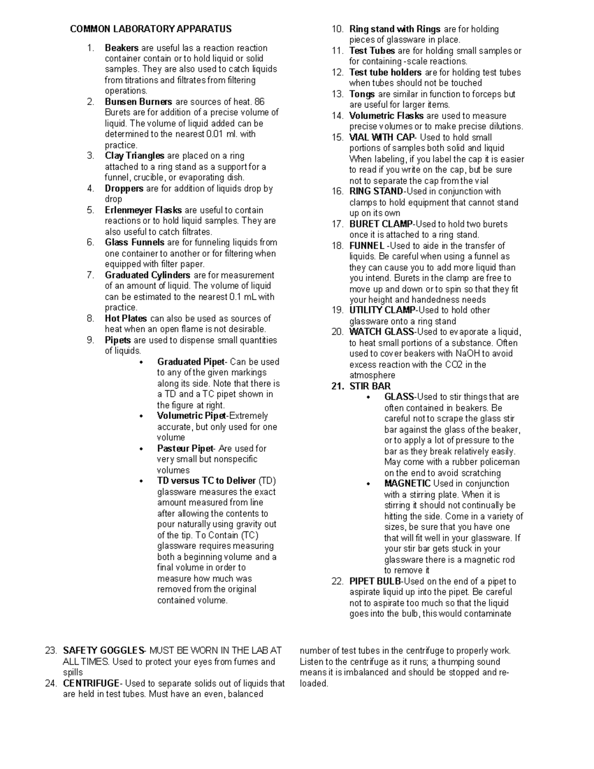 Notes to review - Reviwer - COMMON LABORATORY APPARATUS Beakers are ...