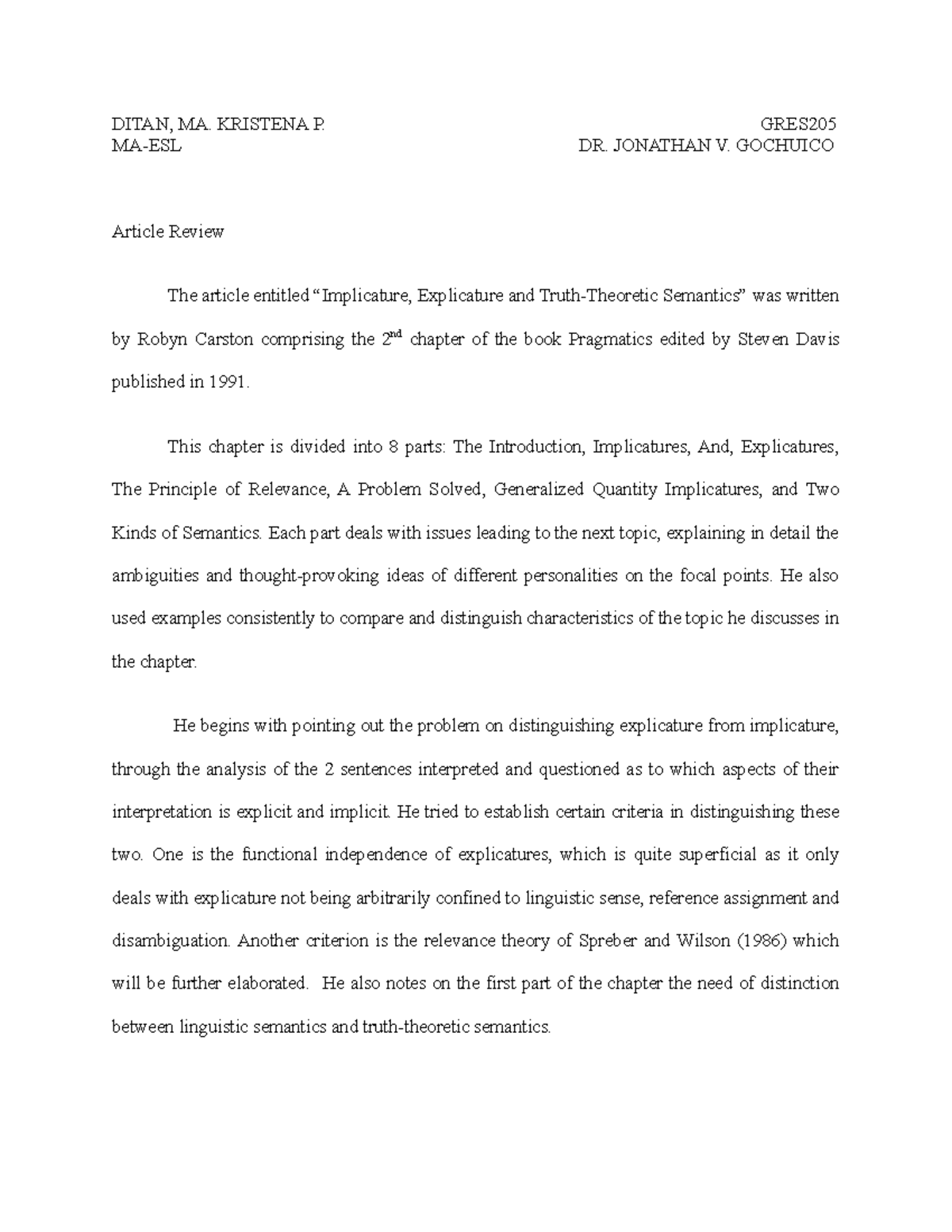 Implicature, Explicature and Truth-Theoretic Semantics: Article Review ...