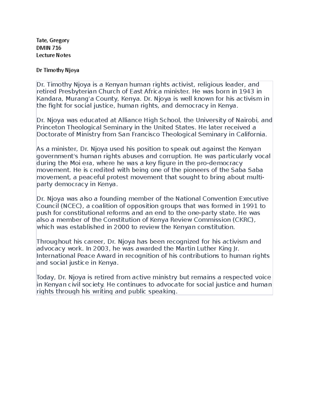 DMIN 716:Njoya - Describing who is Dr. Njoya - Tate, Gregory DMIN 716 ...