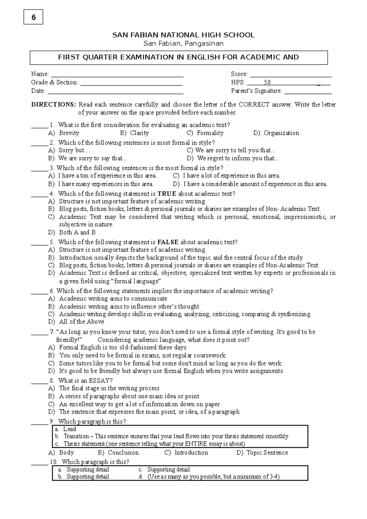 EAPP Q1 TEST Questionaire - SAN FABIAN NATIONAL HIGH SCHOOL San Fabian ...