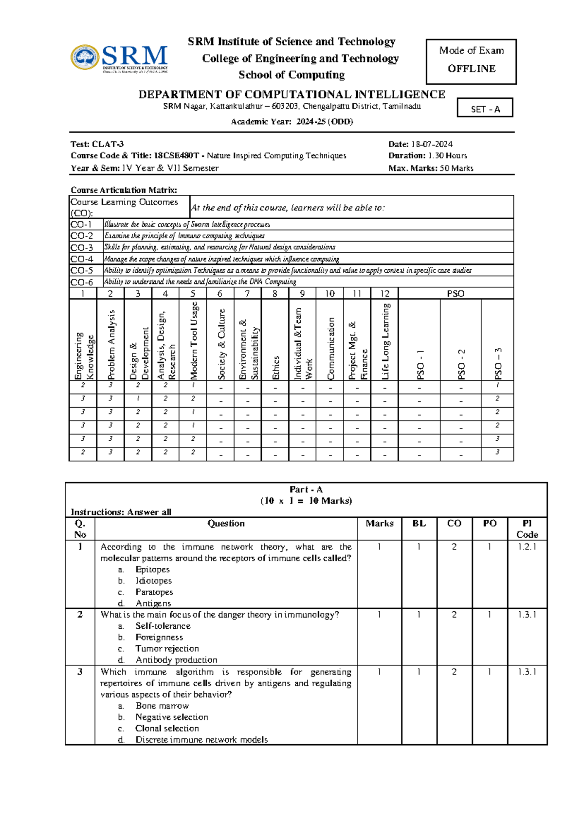 Set A CT3 - Question paper - SRM Institute of Science and Technology College of Engineering and ...