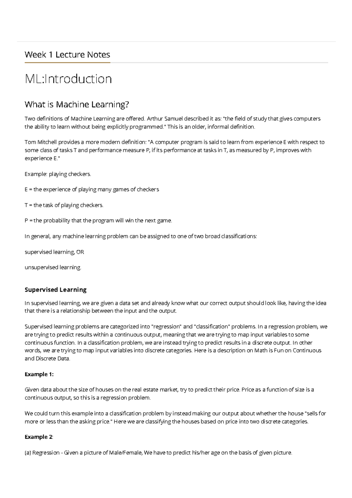 Notes Machine Learning Week 1 Lecture Notes Mlintroduction What Is Machine Learning Two