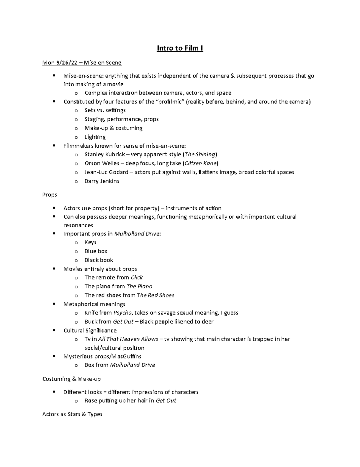 2022-26-09 Intro to Film I - Intro to Film I Mon 9/26/22 – Mise en ...