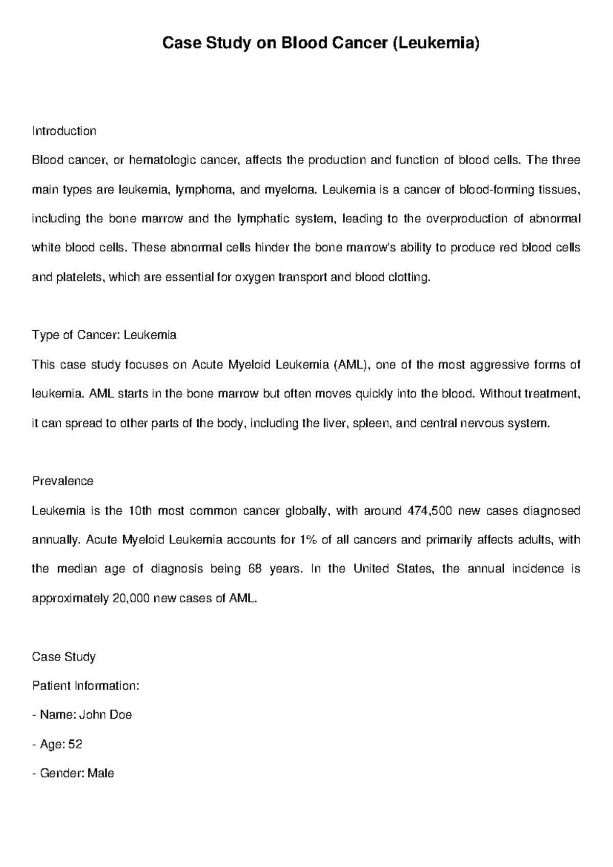 Shashank(A0403423201)onco case - Case Study on Blood Cancer (Leukemia) Introduction Blood cancer ...