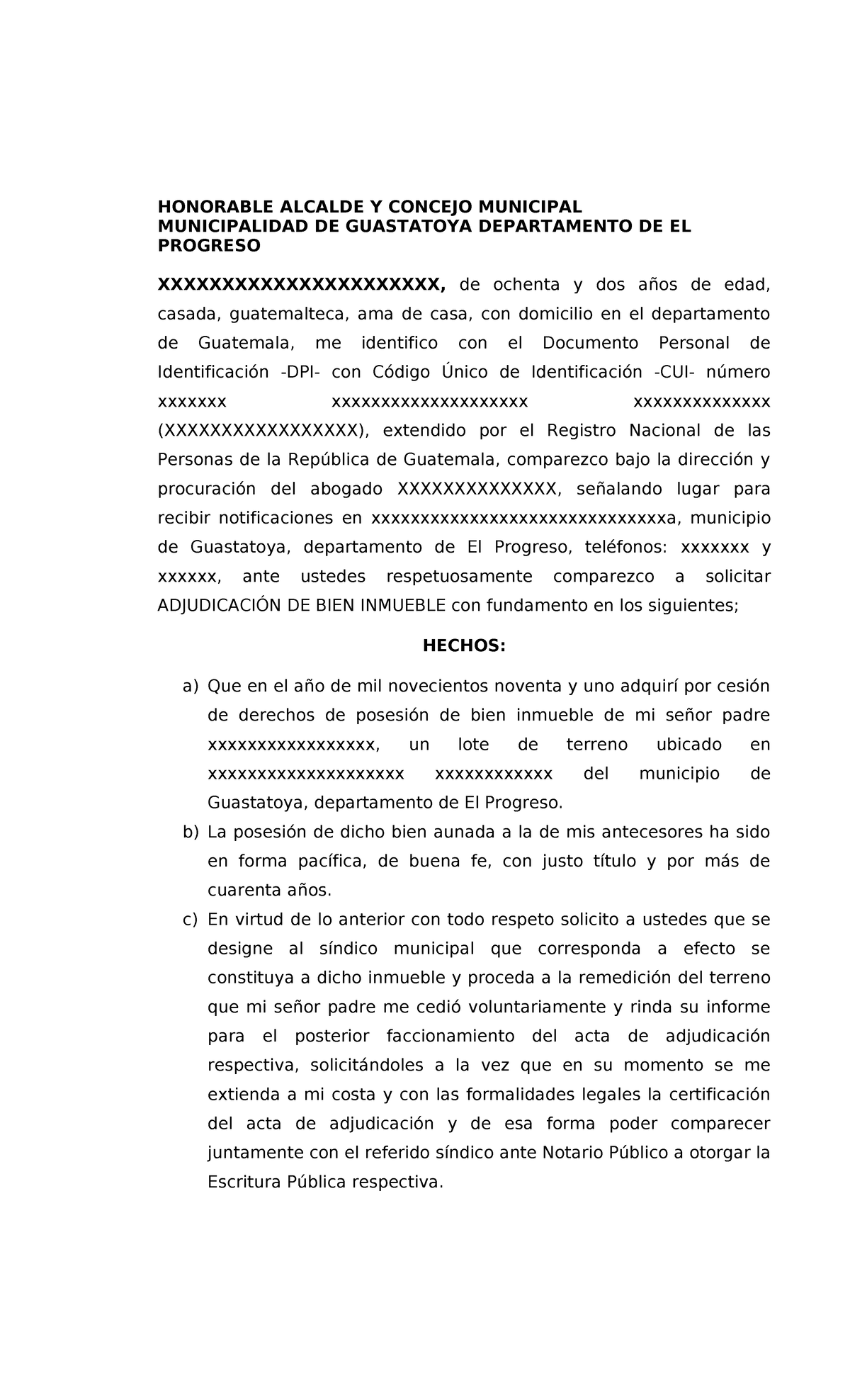 Memorial AL Concejo Municipal adjudicación gratuita - HONORABLE ALCALDE ...