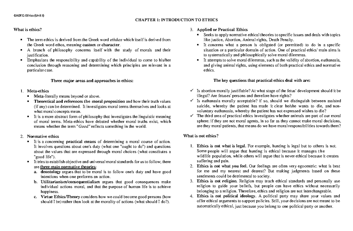 Introduction to Ethics-Lecture Note - GADTC: Ethics (Unit I) CHAPTER 1 ...