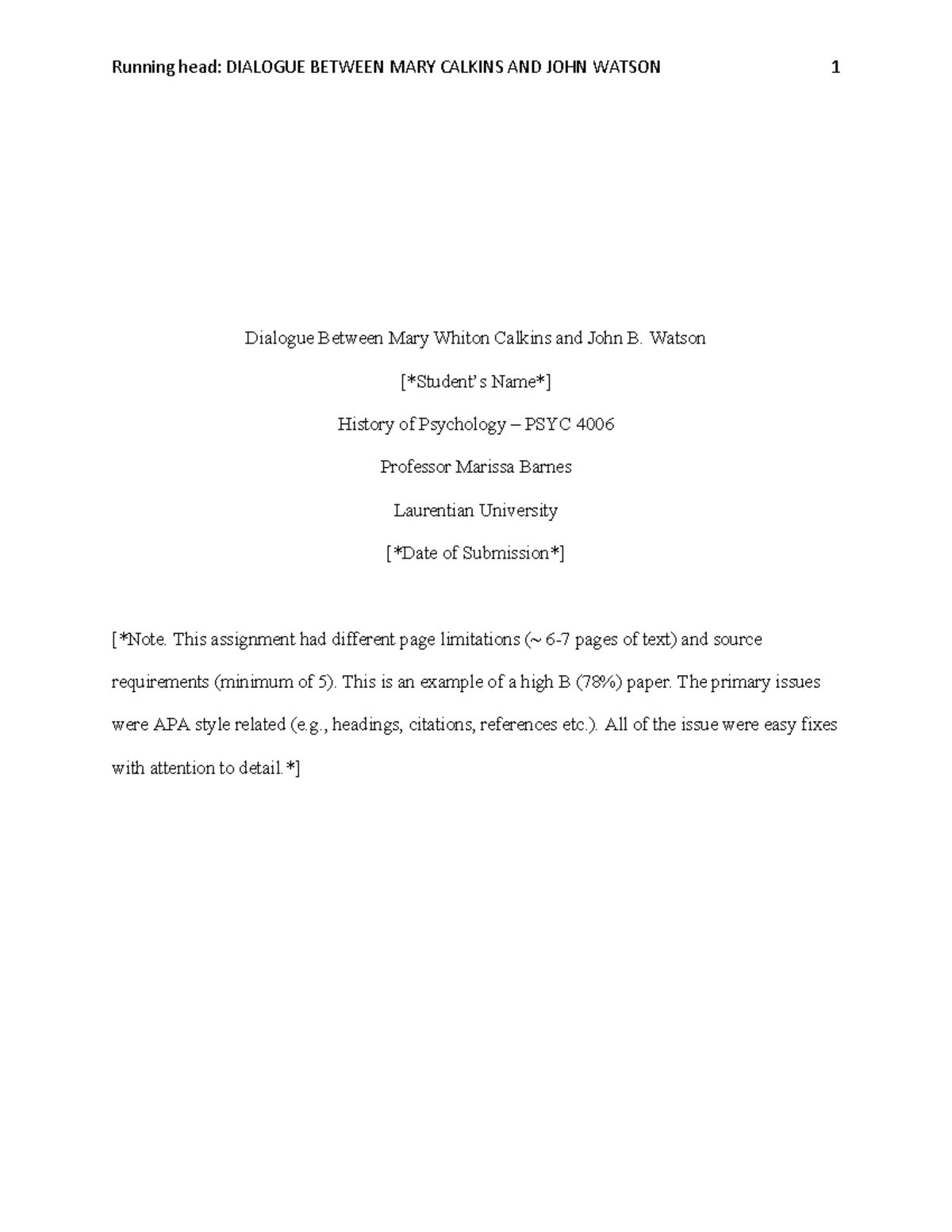 Dialogue Paper Sample 2 - Running head: DIALOGUE BETWEEN MARY CALKINS ...