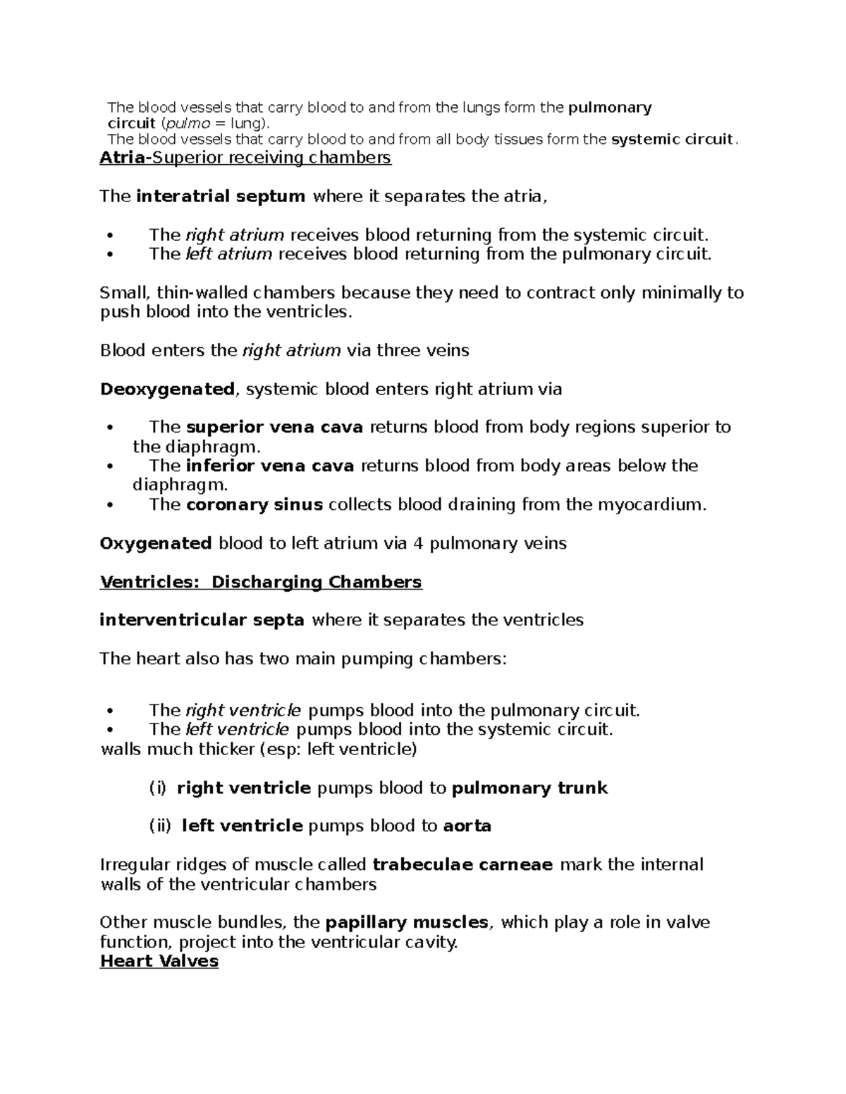 Heart lecture notes - The blood vessels that carry blood to and from ...