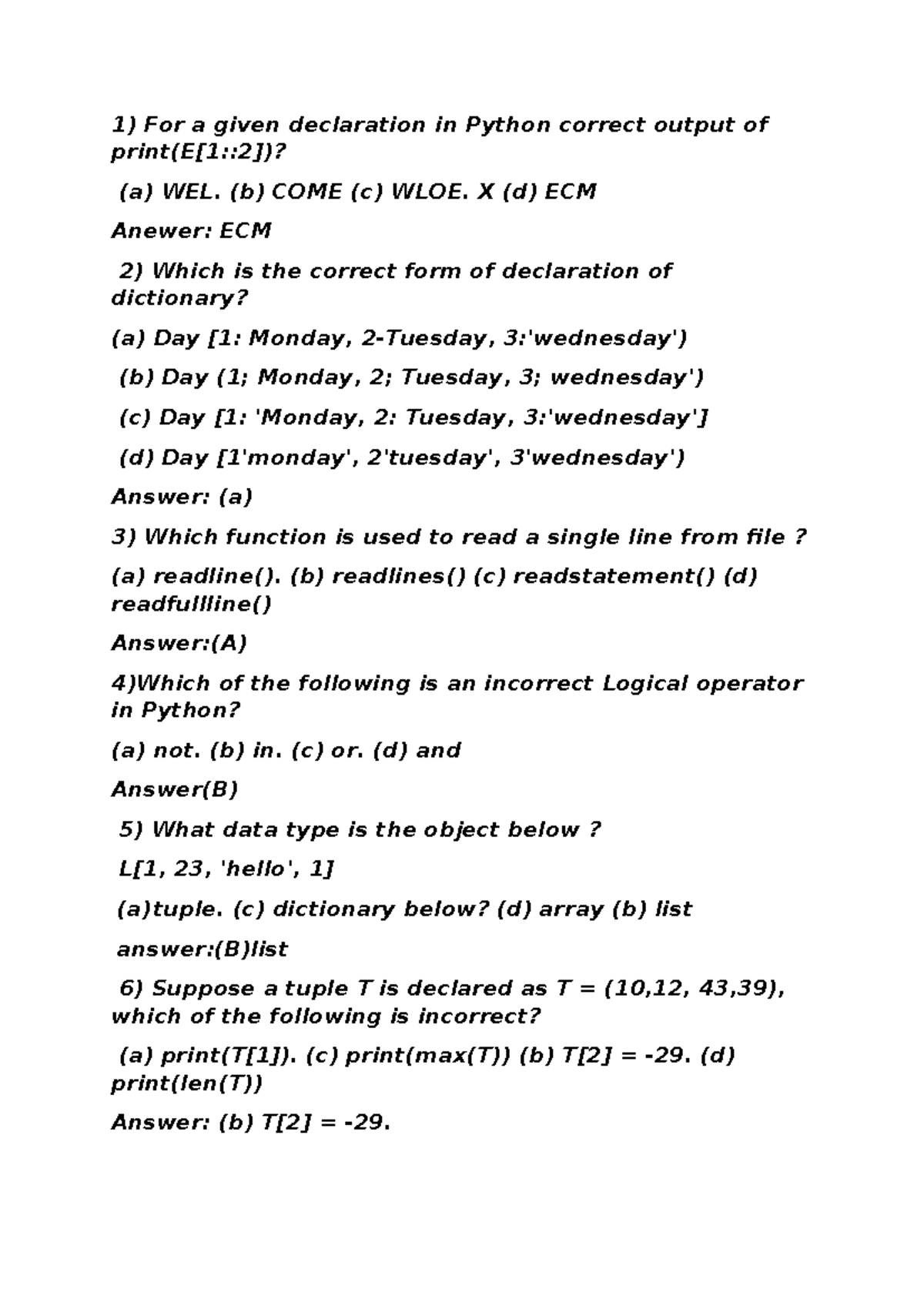 Computer science - vhgcljvik - For a given declaration in Python correct output of print(E[1::2 ...