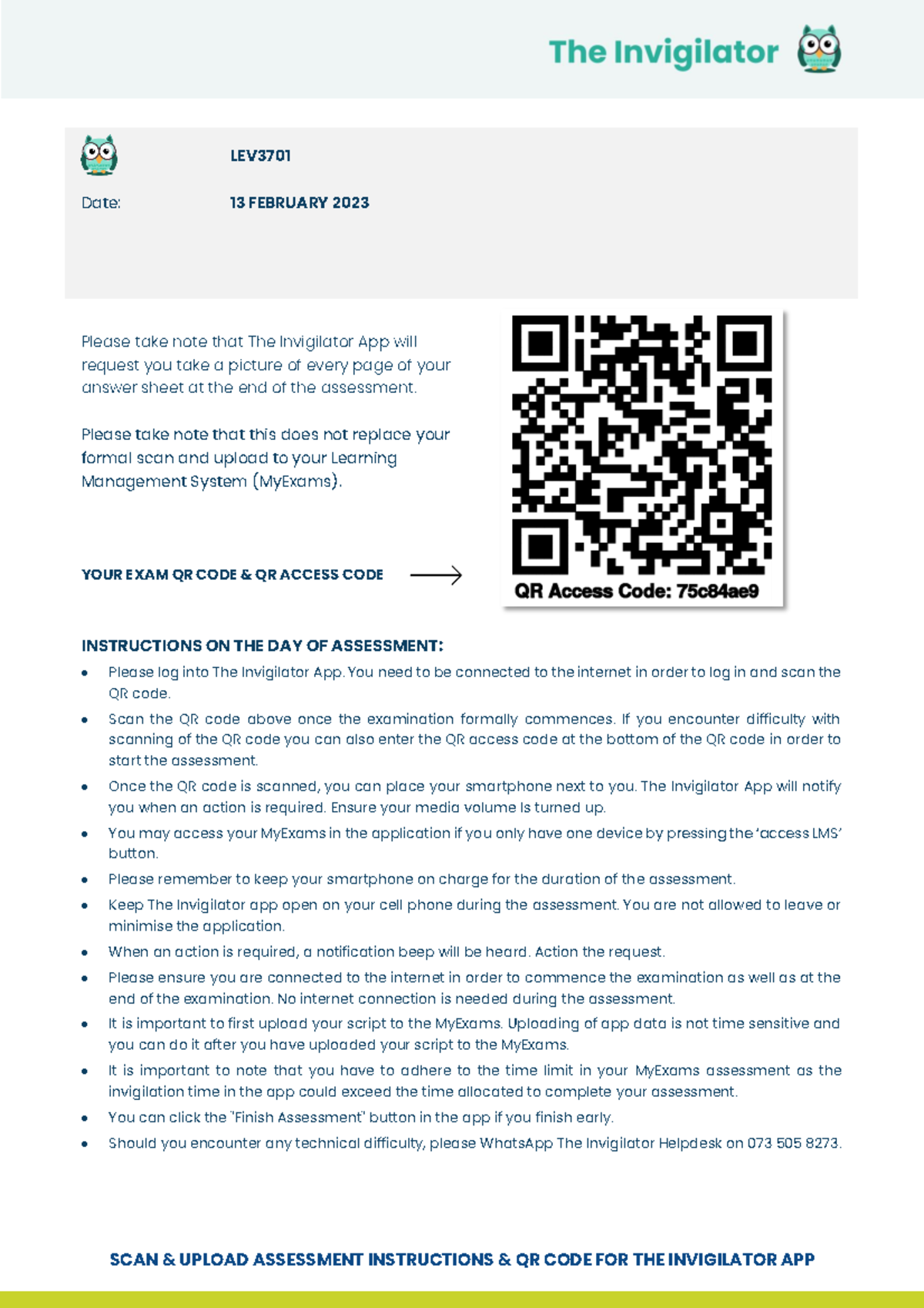 LEV3701 HOME QR code and instruction - SCAN & UPLOAD ASSESSMENT ...