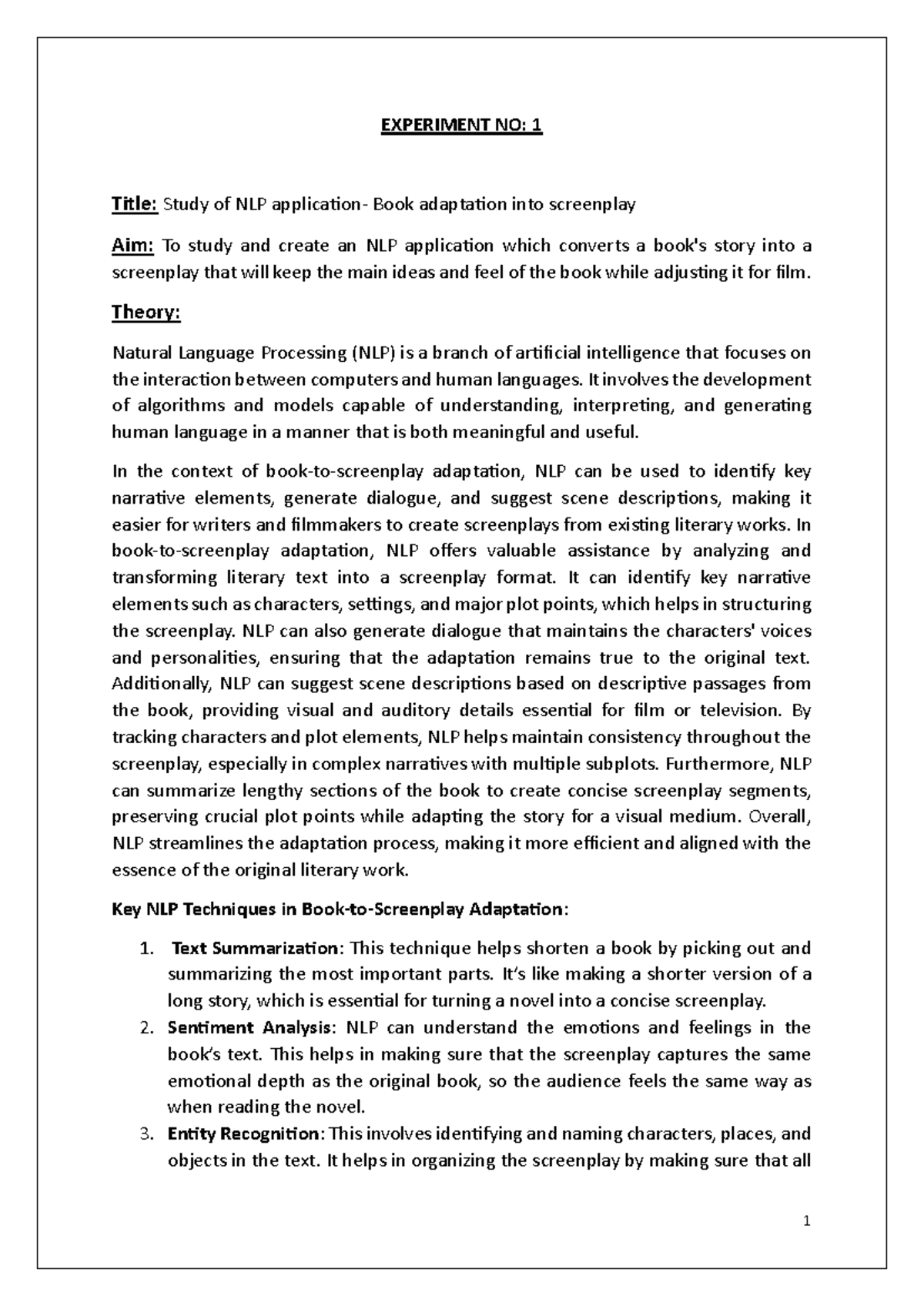 NLP experiment 1 - EXPERIMENT NO: 1 Title: Study of NLP application- Book adaptation into ...