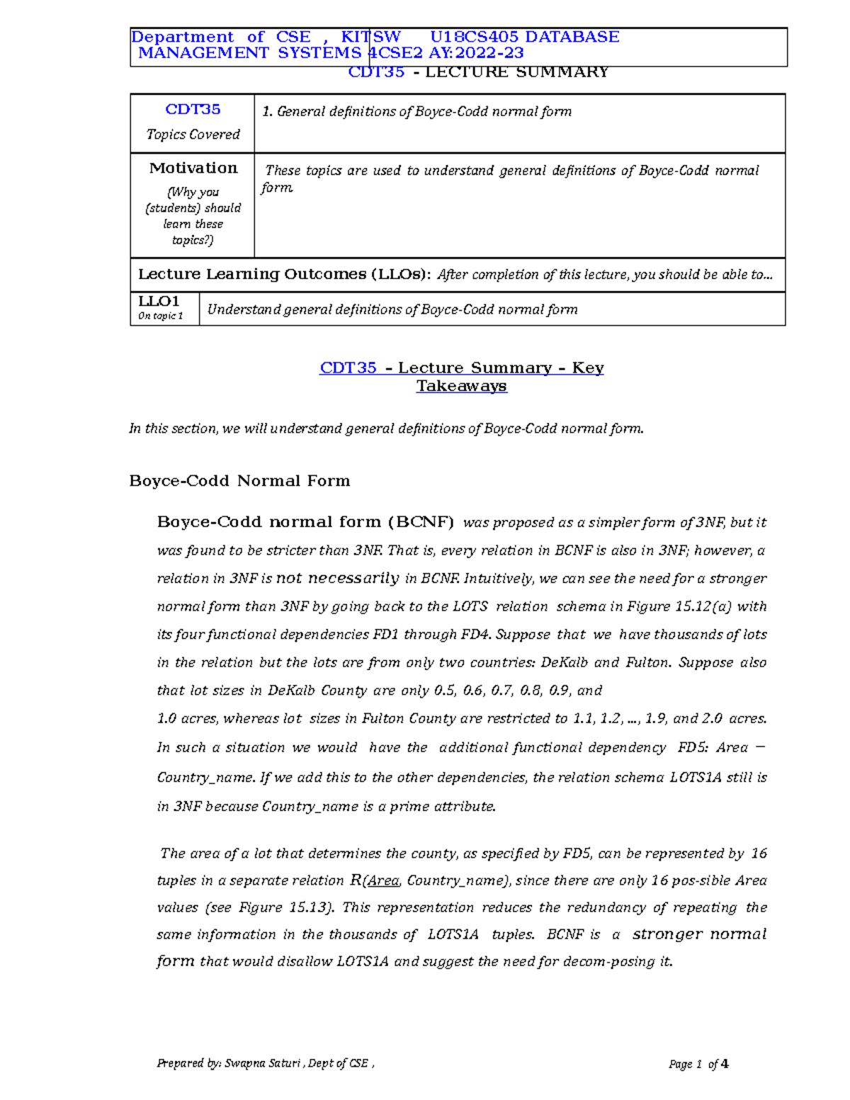 DBMS CDT35 Week 9 Summary 4CSE2 SS 2022-23 - Department of CSE , KITSW ...