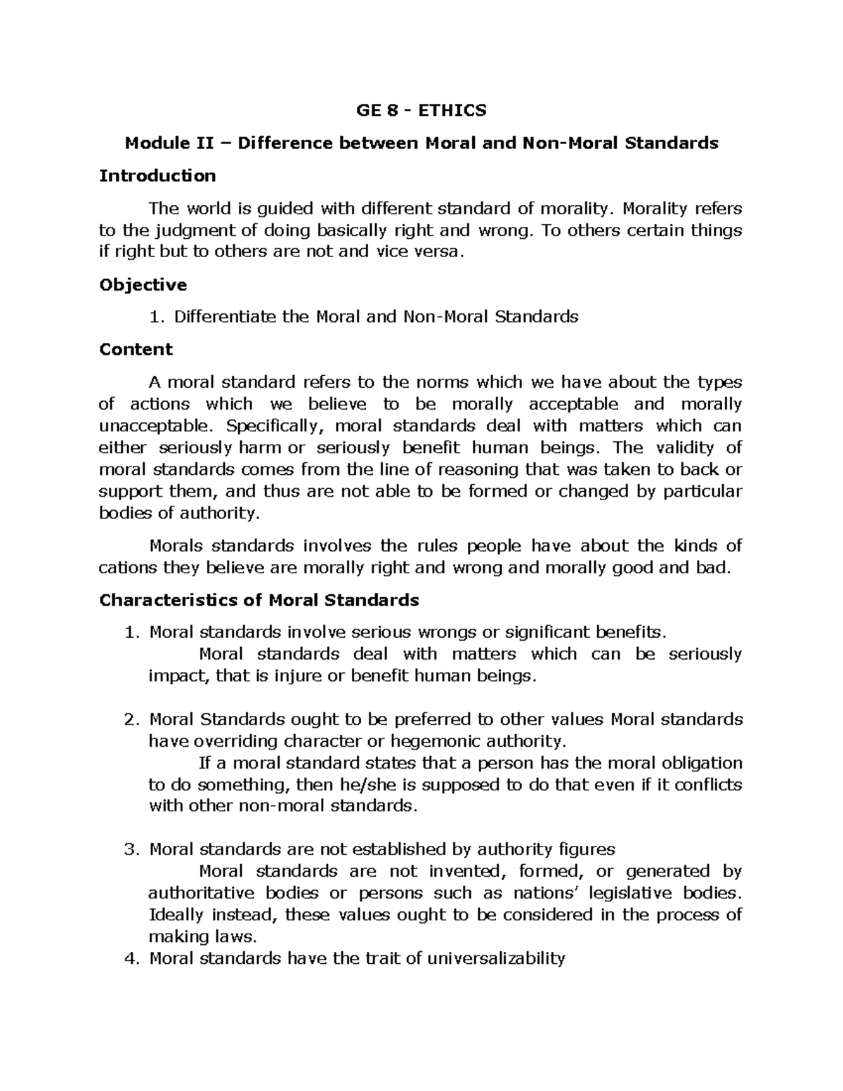 Ethics GE 8 - Module II - GE 8 - ETHICS Module II – Difference between ...