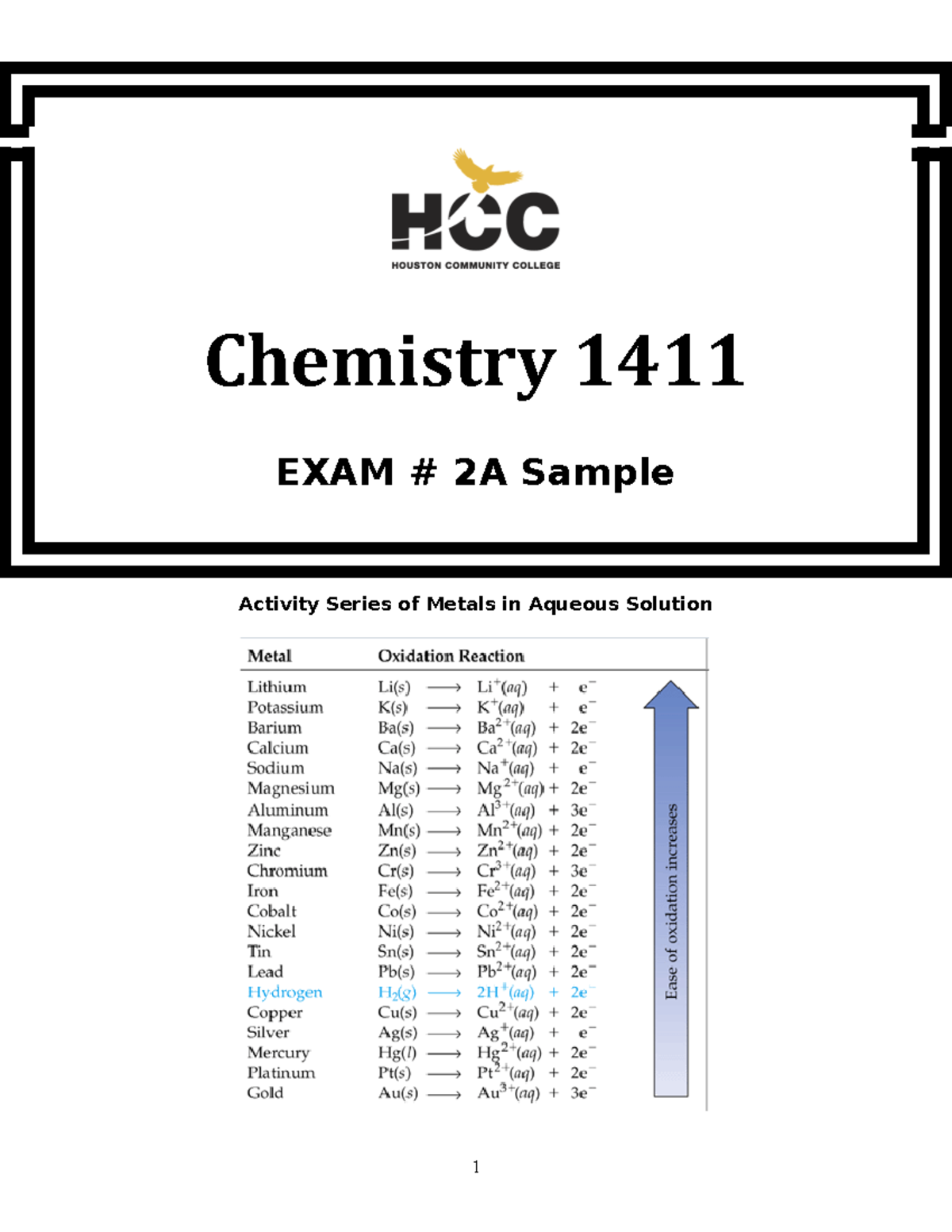 1411 practice exam 2 - Chemistry 1411 EXAM # 2A Sample Activity Series ...