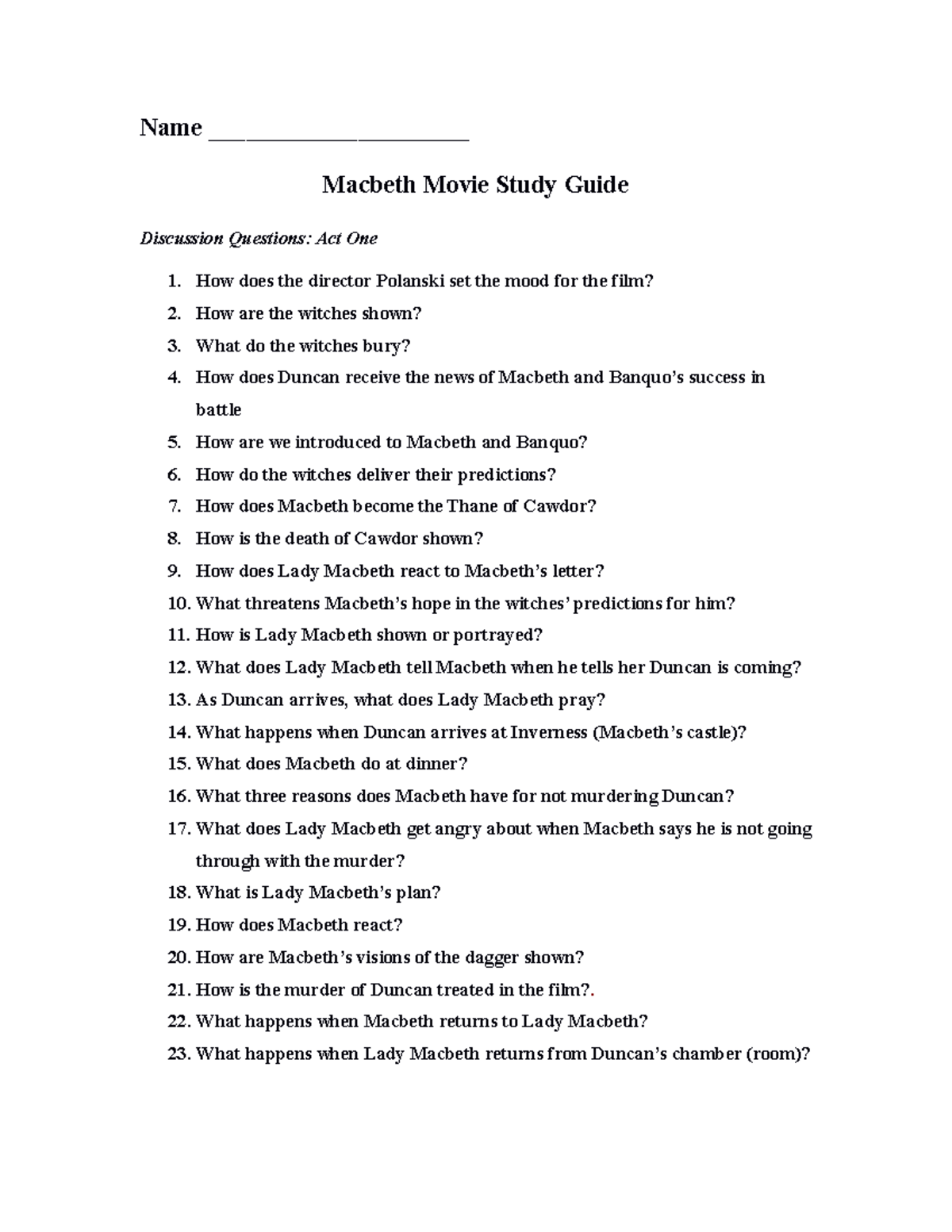 Macbeth movie study guide - Name _____________________ Macbeth Movie ...