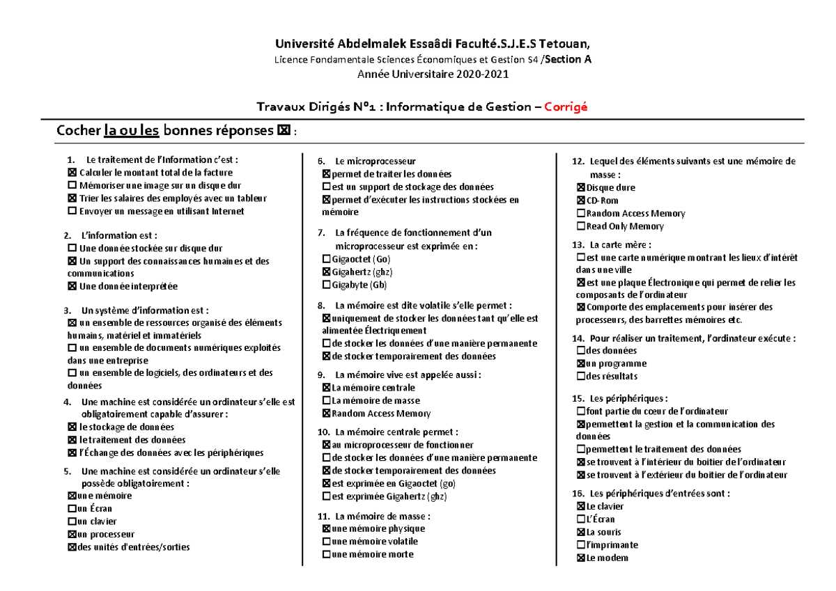 TD01 corrigé- Informatique de Gestion S4 - Section A - Université ...