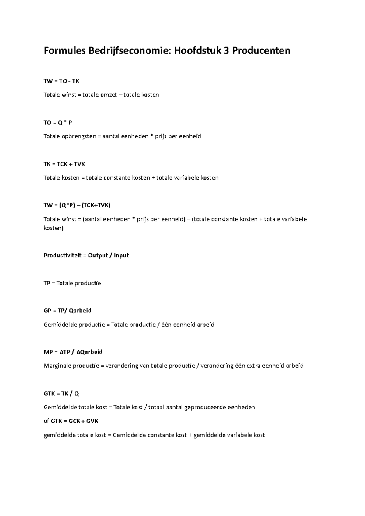 Formules economie H3 - Formules Bedrijfseconomie: Hoofdstuk 3 ...