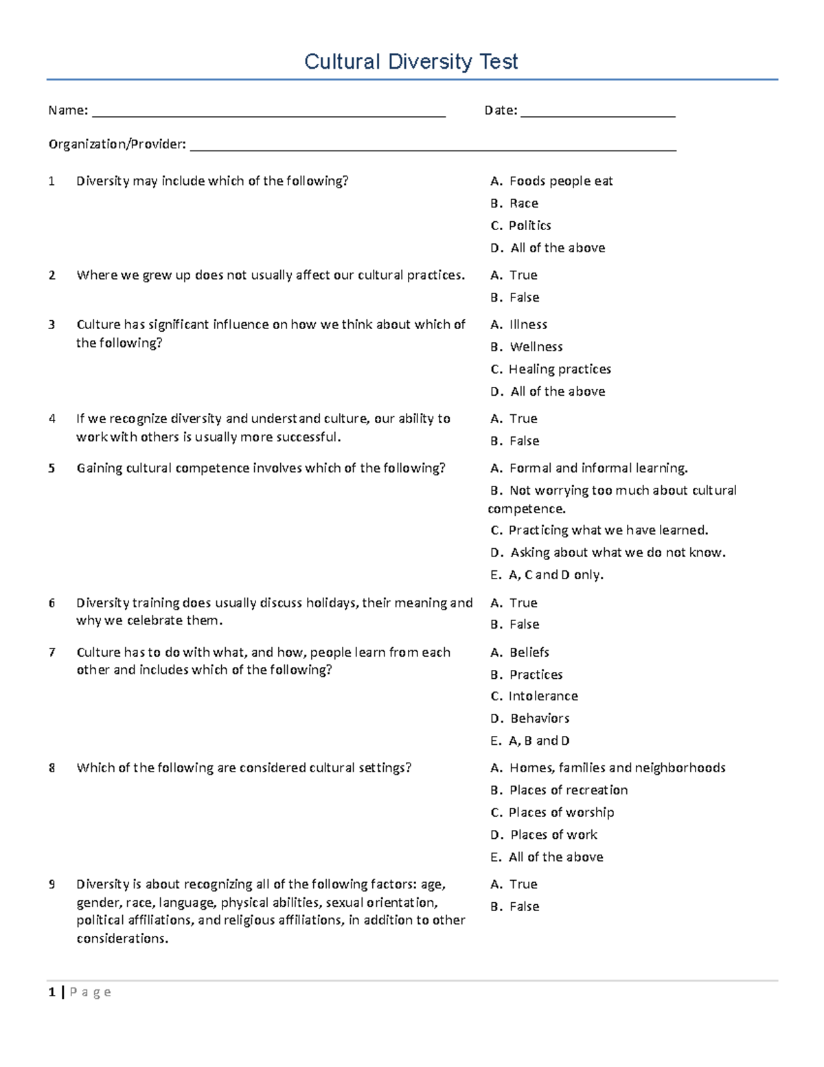 Cultural Diversity Test 5, segundo semestre - 1 | P a g e Cultural ...