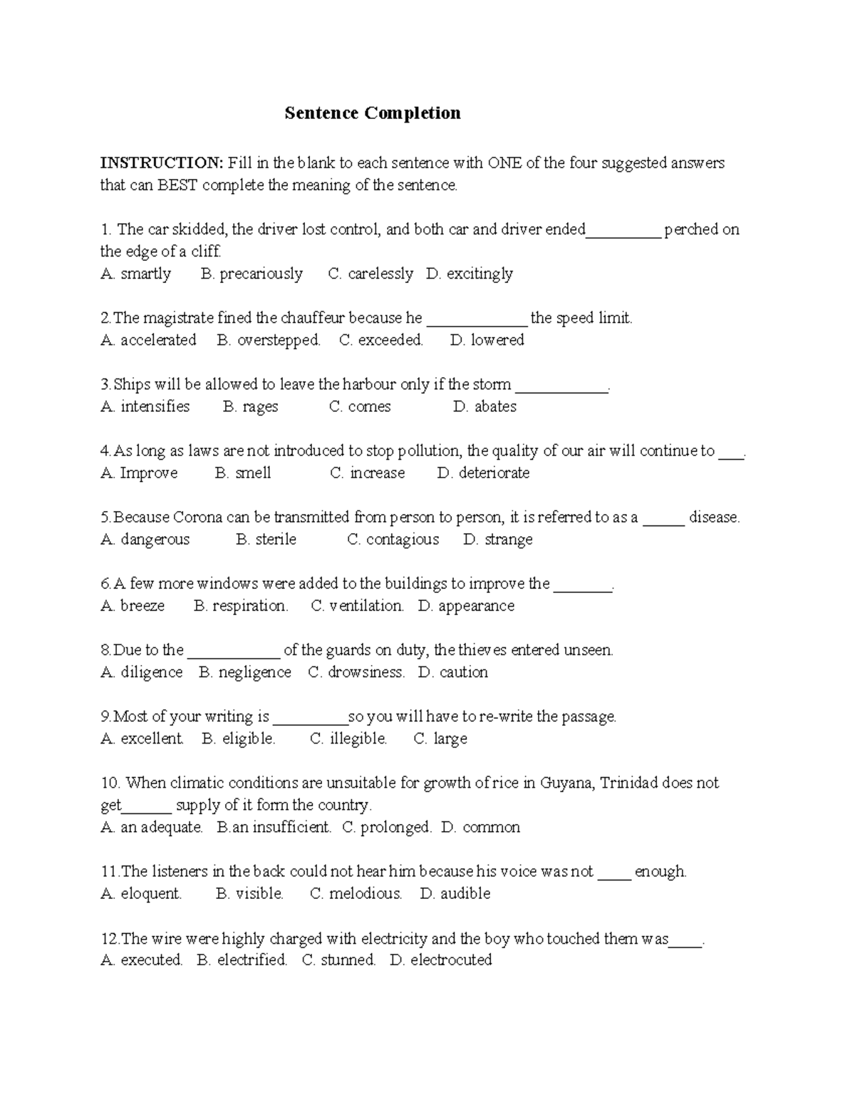 Sentence Completion. grade 9docx - Sentence Completion INSTRUCTION ...