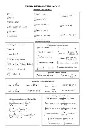 Formulas-Integral-Calculus - I 1 : ∫ 𝑢 𝑛 𝑑𝑢 = 𝑢𝑛+ 𝑛+1 + 𝐶, 𝑛 ≠− 1 I 2 ...