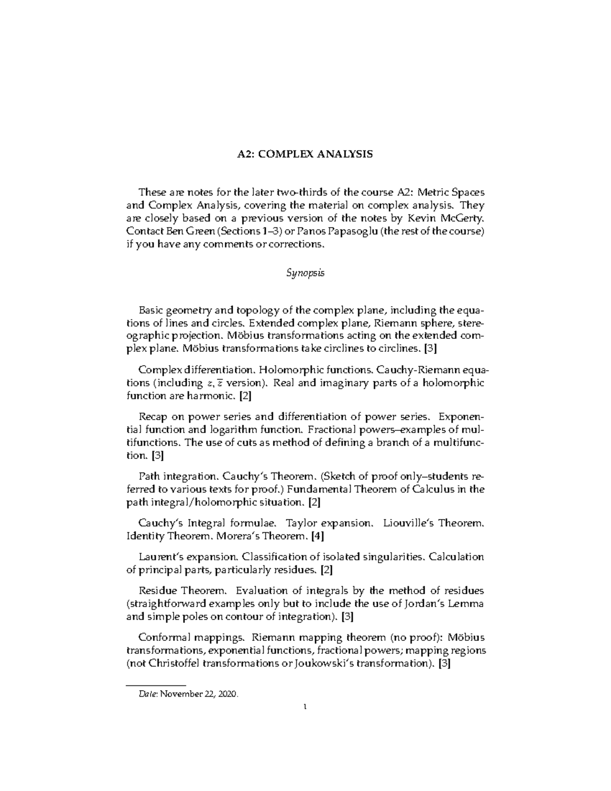 Complex Analysis Lecture Notes Updated November 22nd These Are Notes For The Later Two