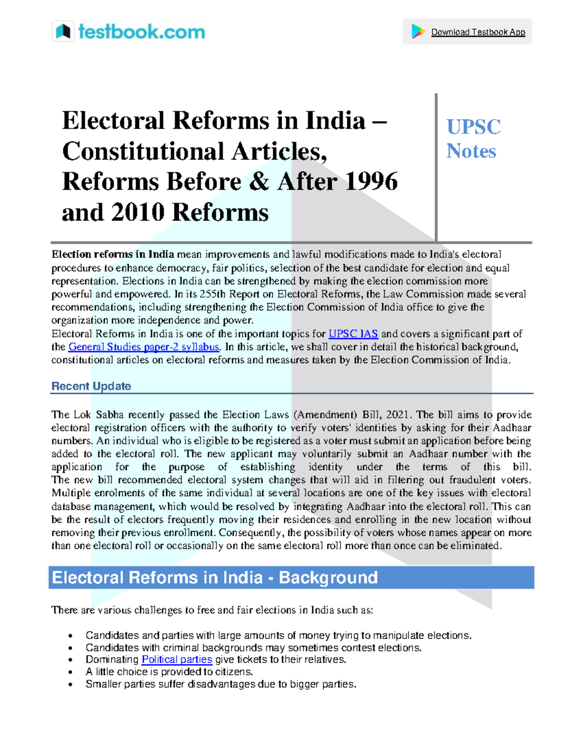 Electoral reforms in india – constitutional articles reforms before ...