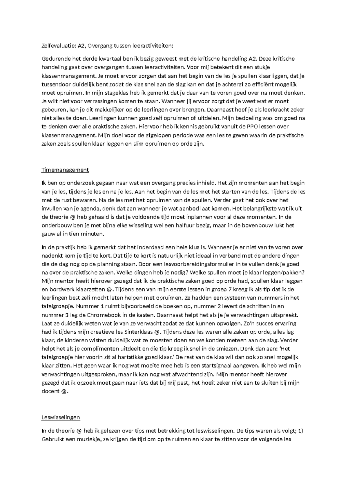 Zelfevaluatie A2 Overgang tussen leeractiviteiten - Zelfevaluatie: A2 ...