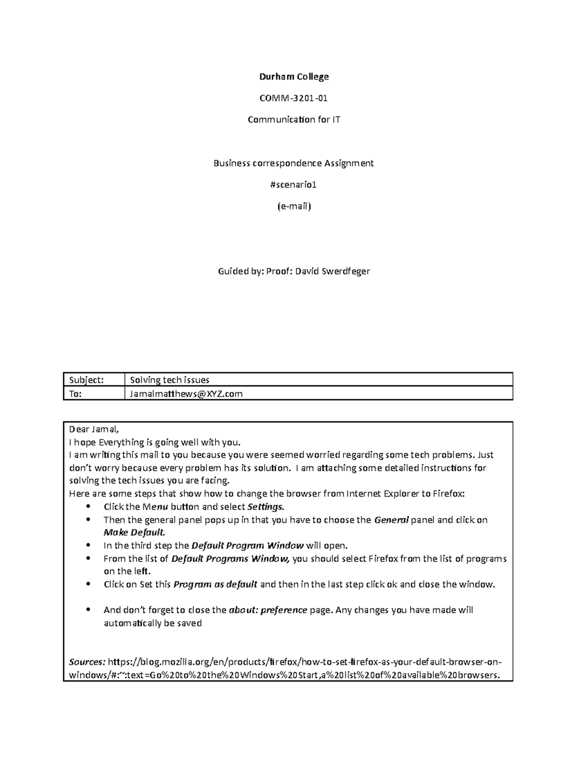Comm assignment scenario 1 - Durham College COMM-3201- Communication ...