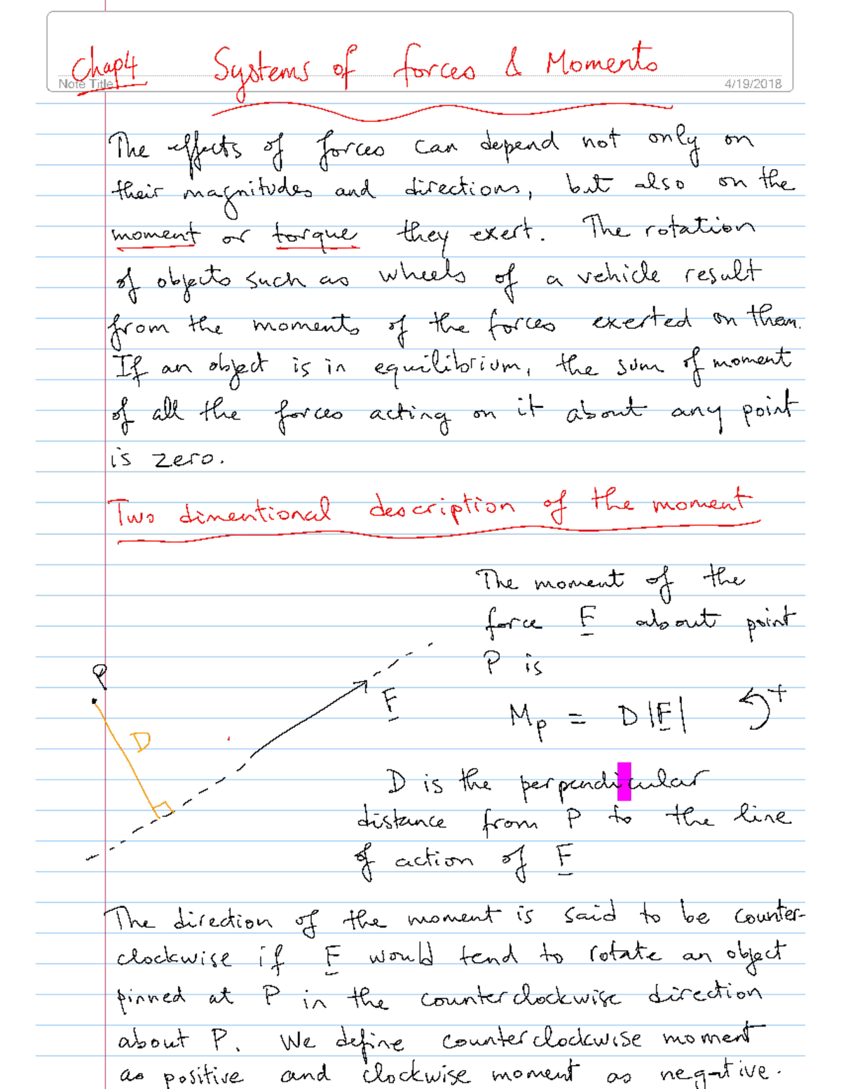 Chap4Moments 2Dand3D - Lecture notes - Chap4 Note Title Systems of ...