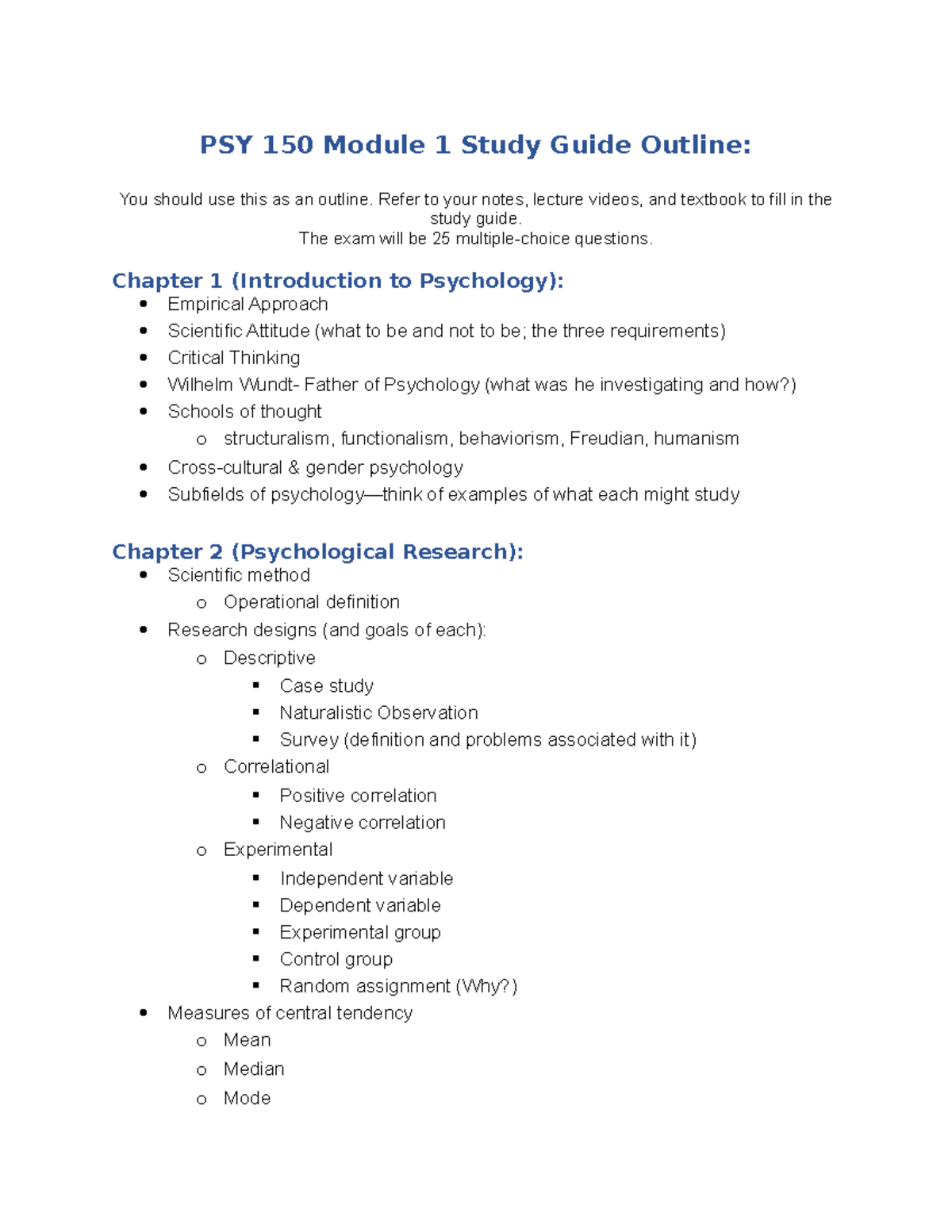 Module 1 Study Guide Outline (1) (6) - PSY 150 Module 1 Study Guide Outline: You should use this ...