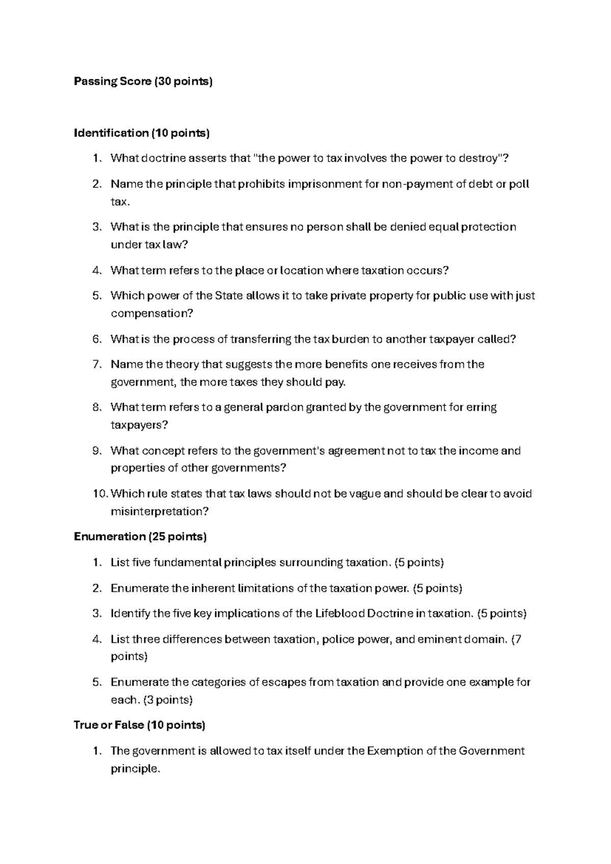 Quiz - Chapter 1 - Quiz in Income Taxation - Passing Score (30 points ...