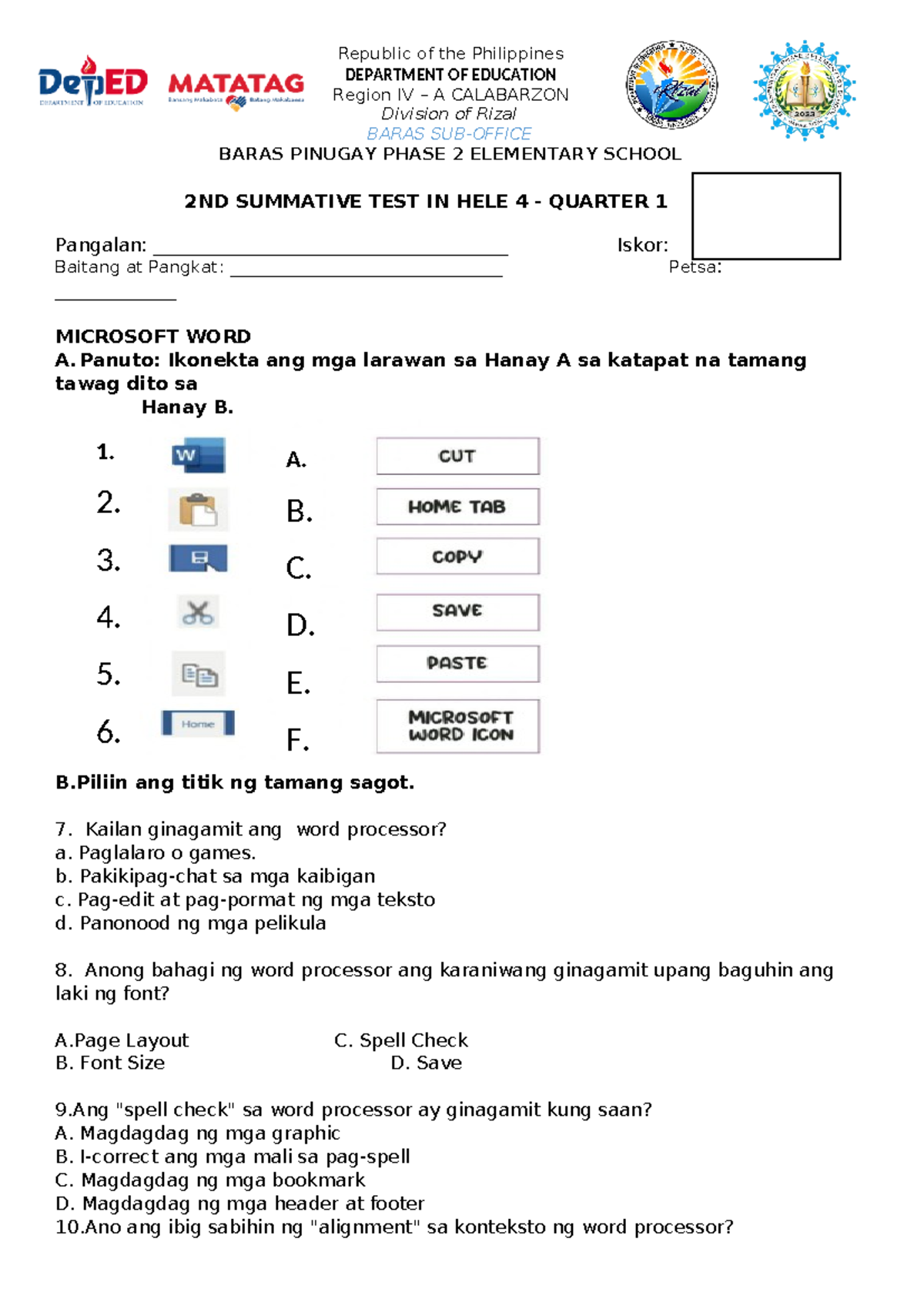 Q1-2nd- Summative-TEST-IN-HELE-4 - Republic of the Philippines ...