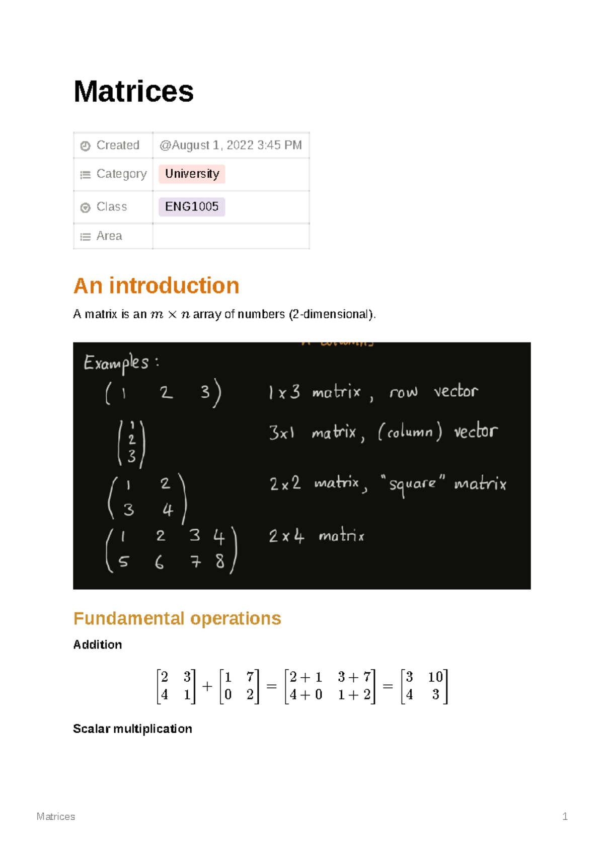 Matrices - Notes - Matrices Created Category University Class ENG Area ...