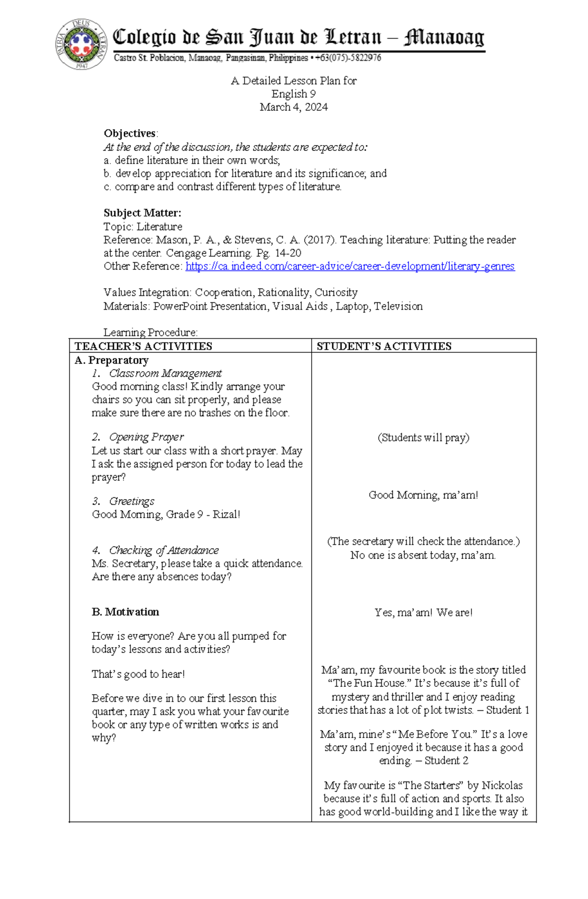 DLP - Lesson 1 (Literature) - A Detailed Lesson Plan for English 9 ...