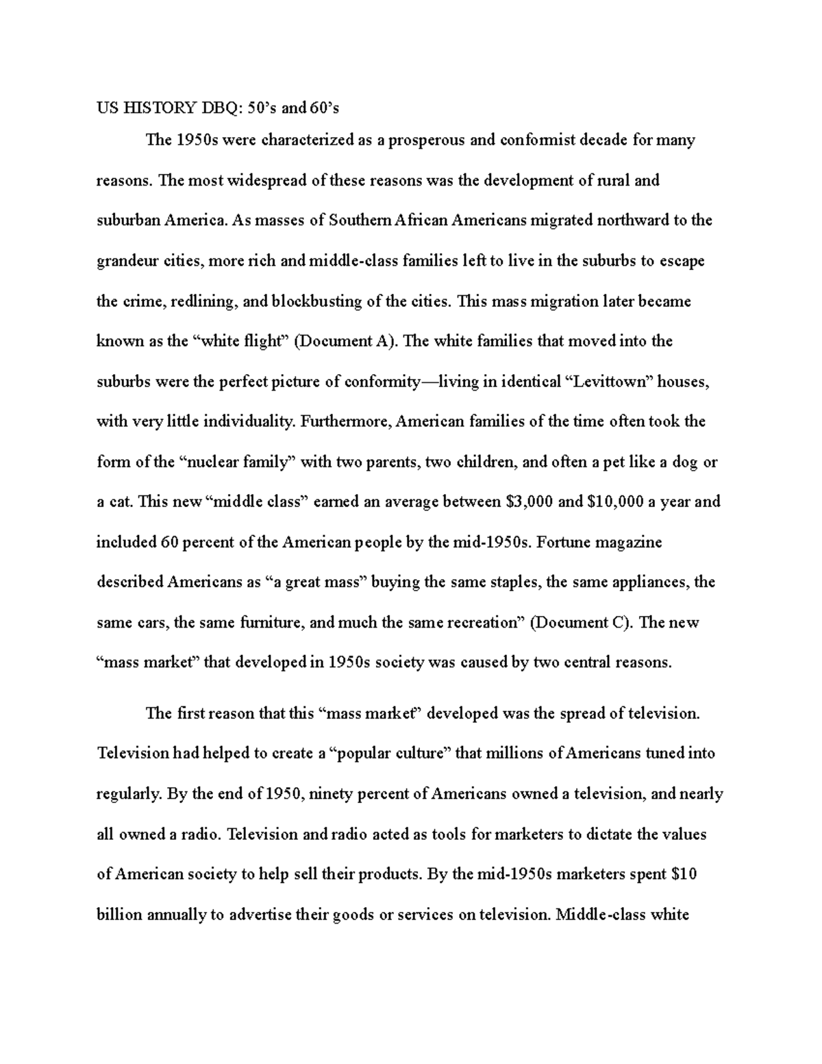 US History DBQ 50s and 60s - US HISTORY DBQ: 50’s and 60’s The 1950s ...