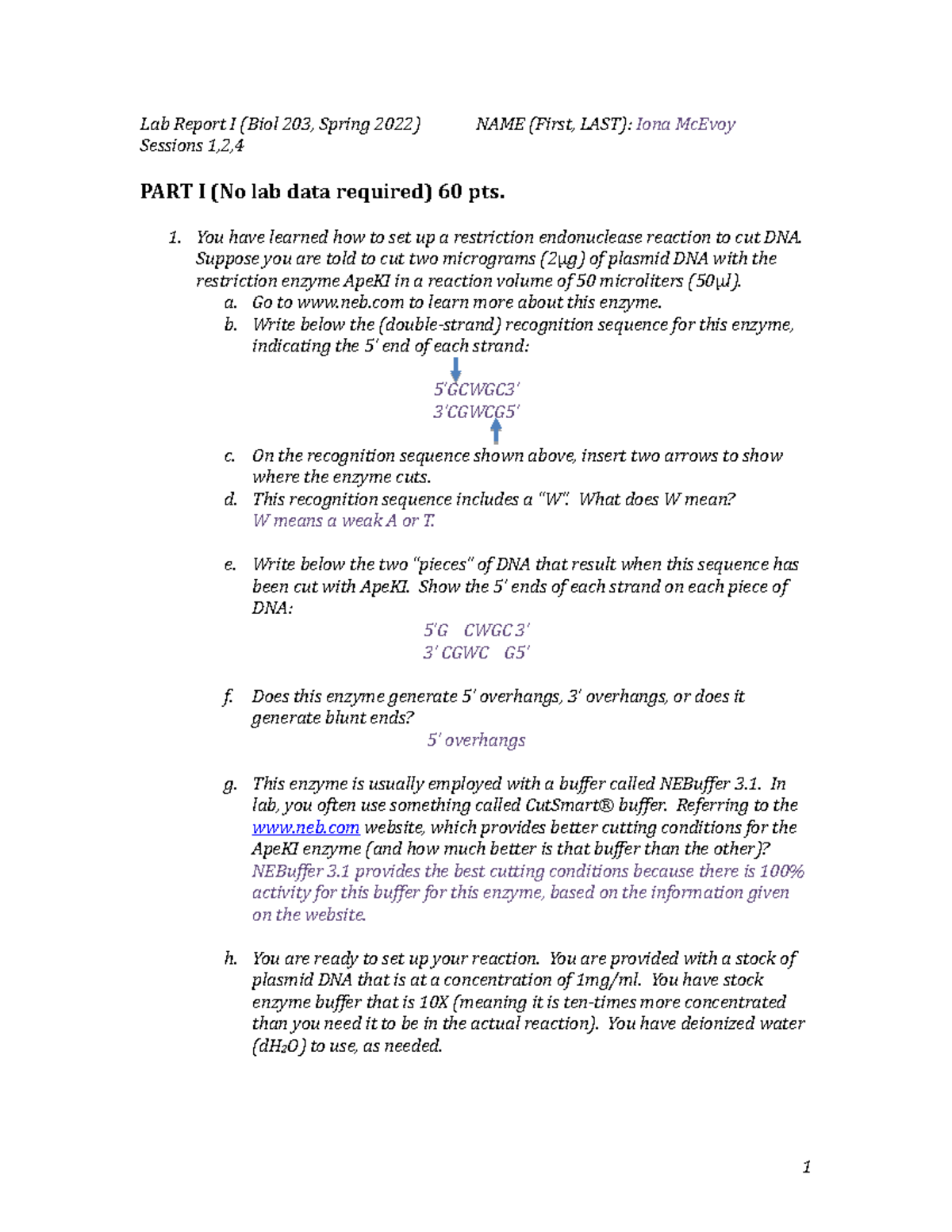Lab report 1 - spring 2021-2022 semester - Lab Report I (Biol 203 ...