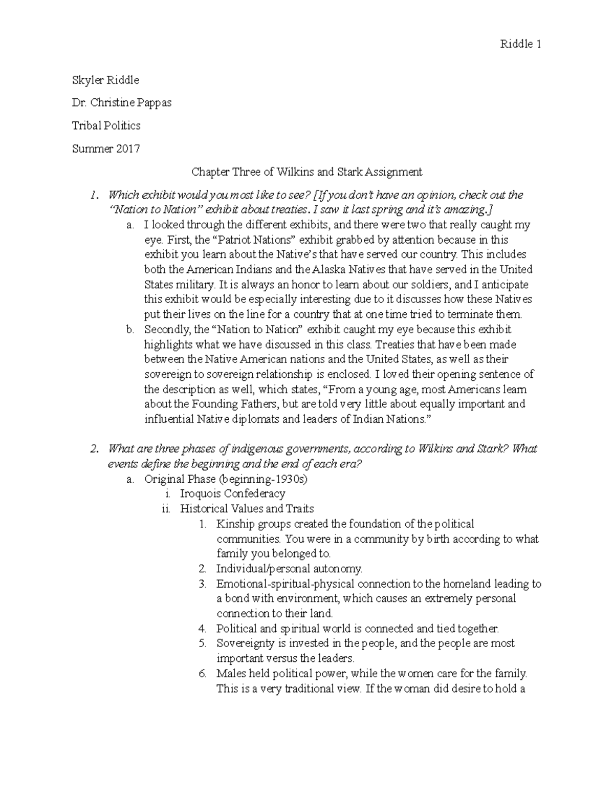 STR Tribal Politics Wilkins Ch 3 - Riddle 1 Skyler Riddle Dr. Christine ...