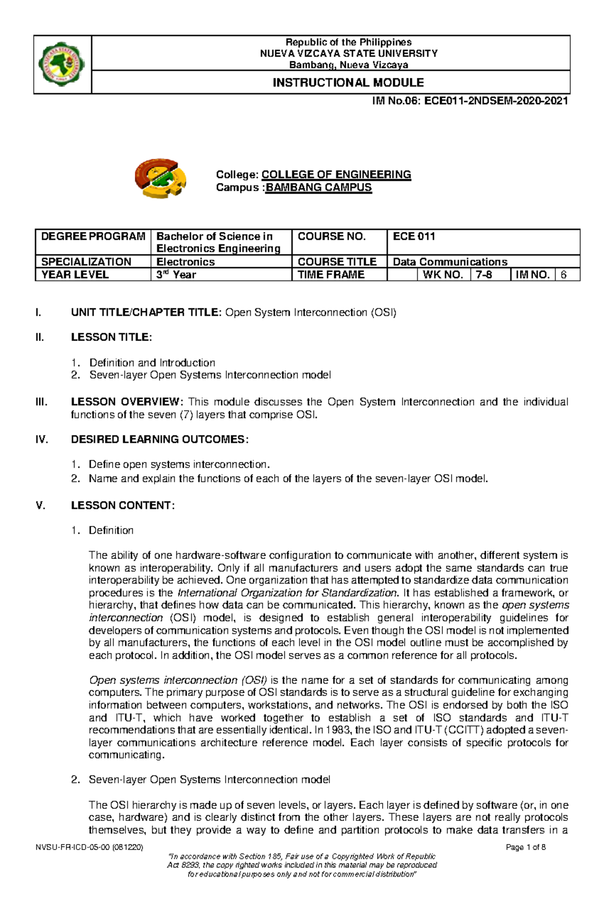 IM06 Open System Interconnection - NUEVA VIZCAYA STATE UNIVERSITY ...