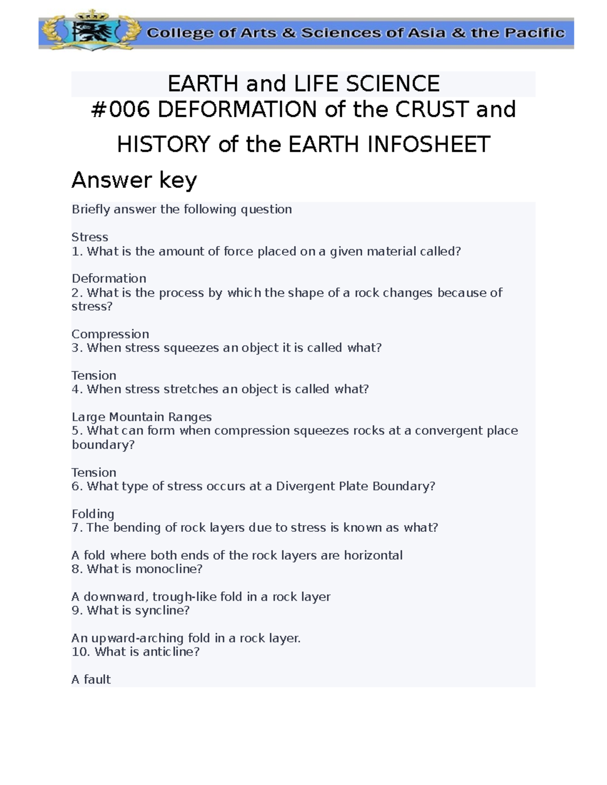 #006 Long Test Answer key - EARTH and LIFE SCIENCE #006 DEFORMATION of ...