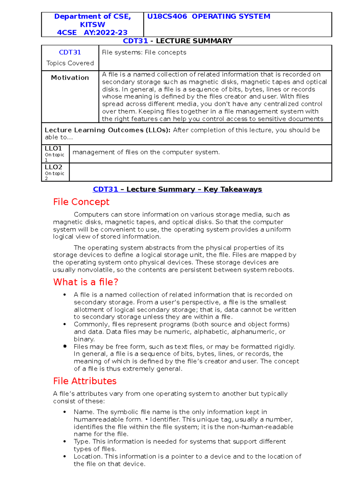 Operating Systems Notes Kitsw 4cse Ay2022 Cdt31 Lecture Summary Cdt Topics Covered File