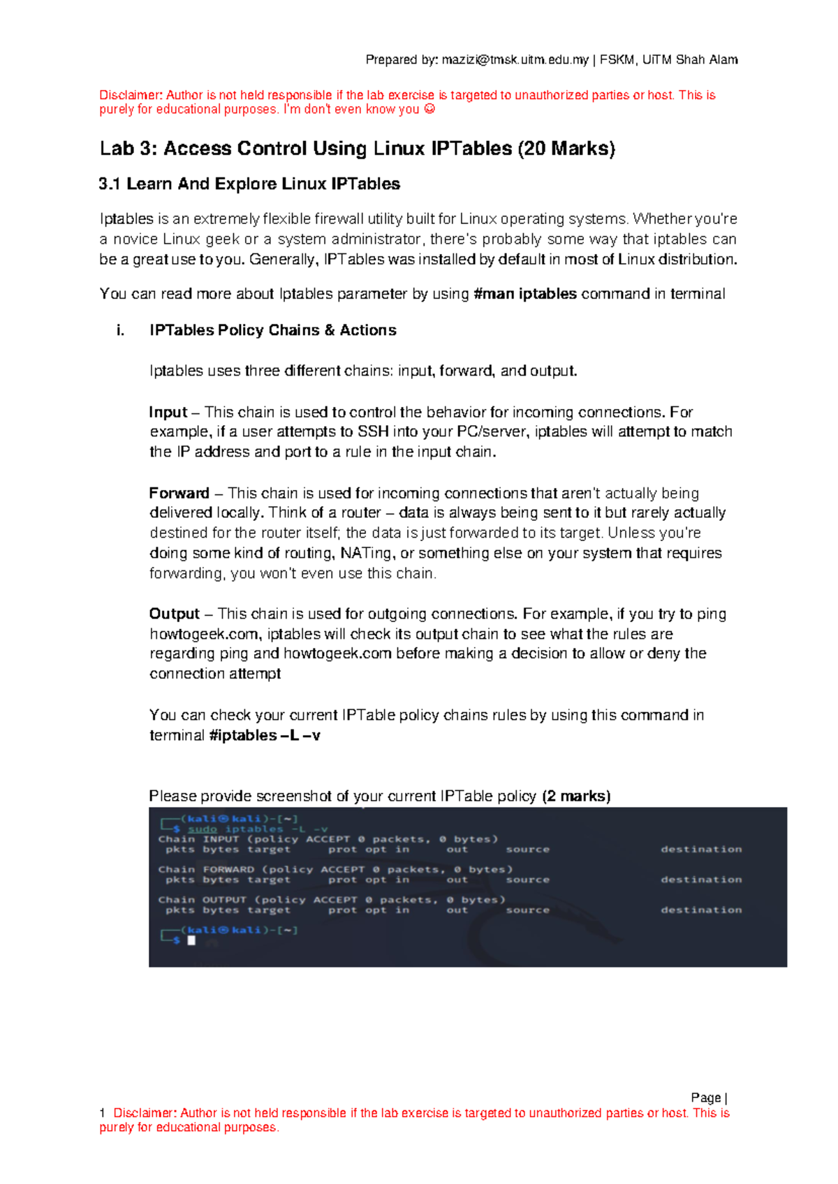 LAB 3 - Access Control Using Linux IPTable 2021864274 - Disclaimer: Author is not held ...