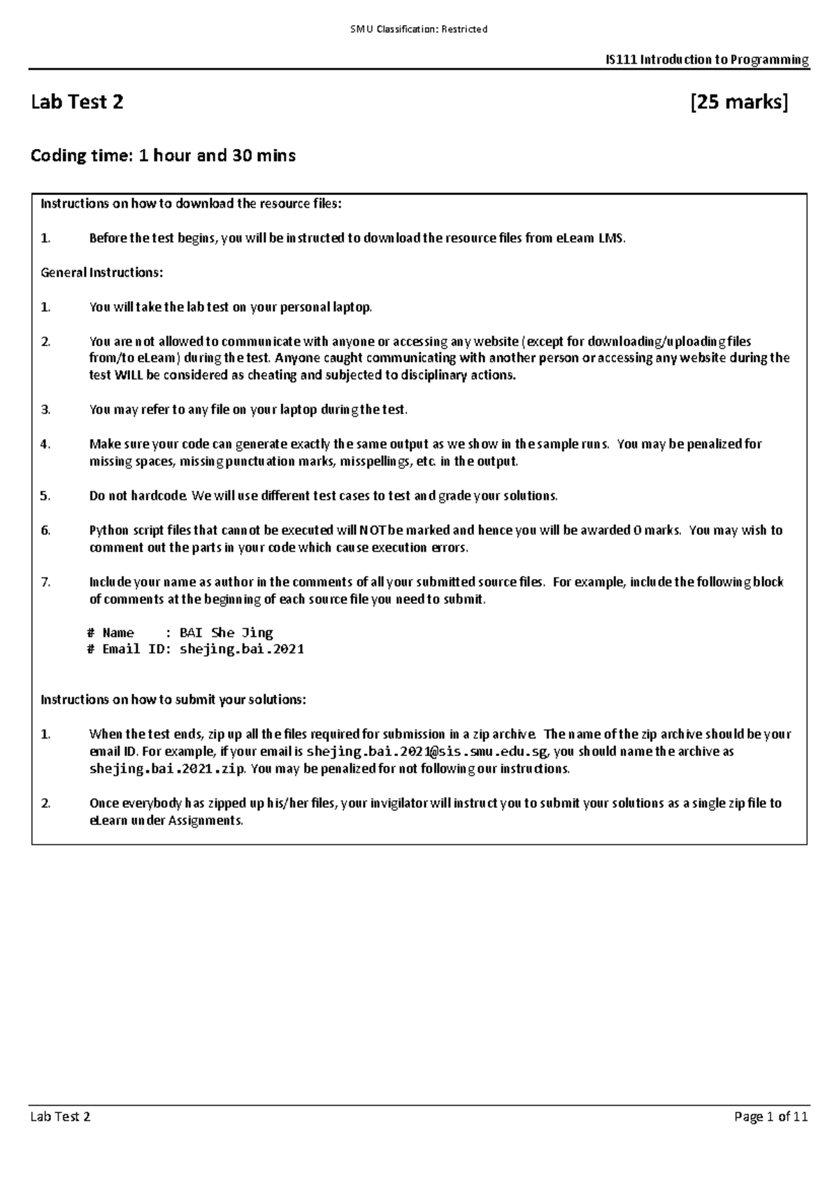 Lab Test 2 (AY2021-22 T1) - IS111 Introduction to Programming Lab Test ...
