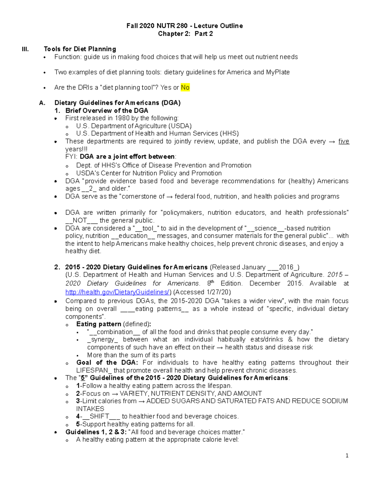 Chapter 2 Student Outline - Guidelines for a Healthy Diet, Part 2 ...