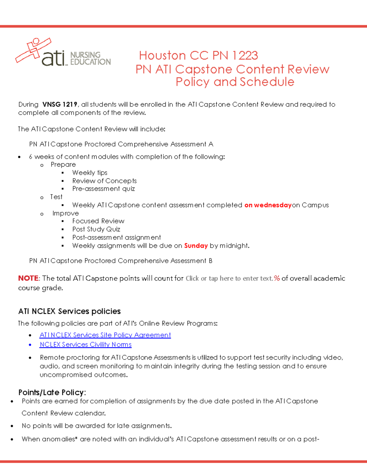 ATI Capstone Schedule FALL 2023 - Houston CC PN 1223 PN ATI Capstone ...