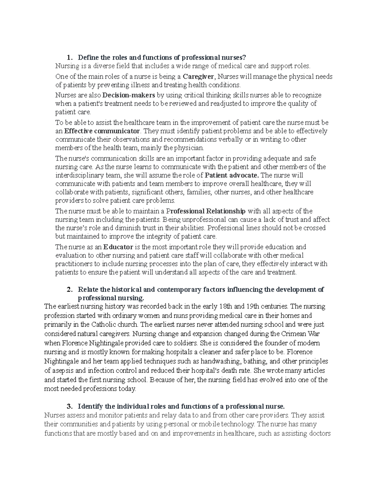 Define the roles and functions of professional nurses - One of the main ...